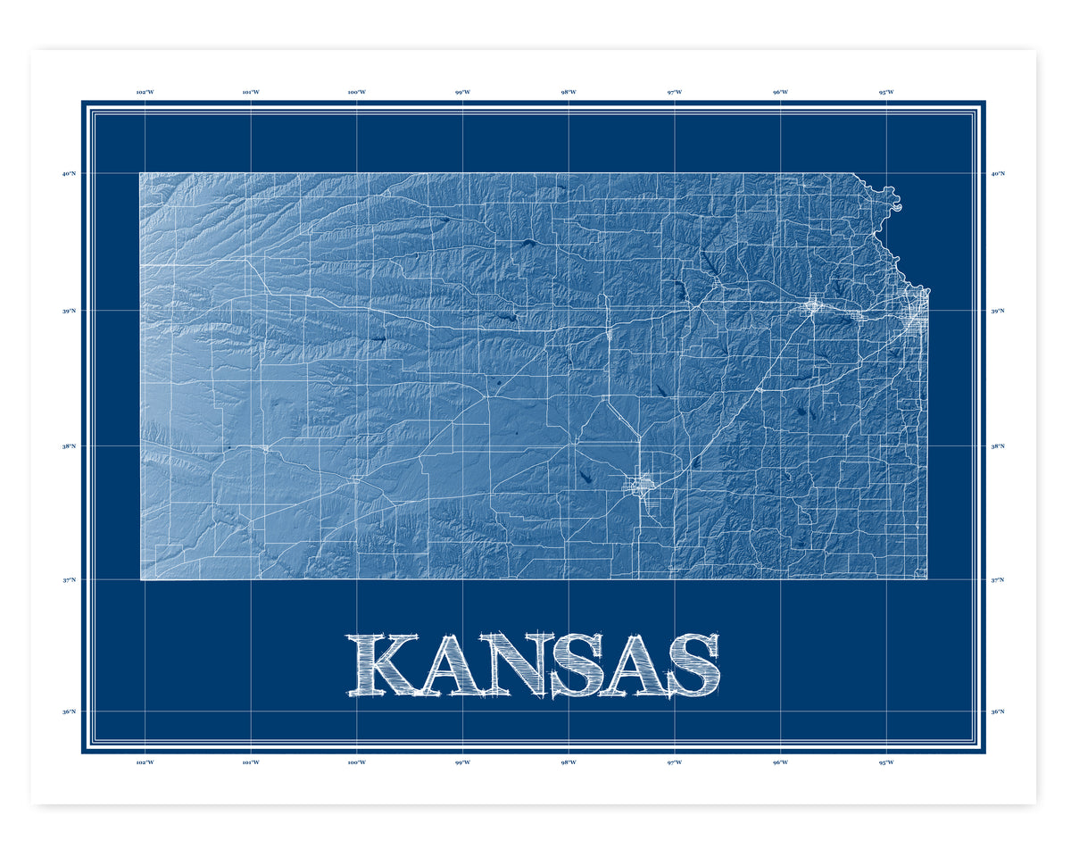 Kansas State Map Print Poster with Blue Patent Blueprint Style Wall Ar ...