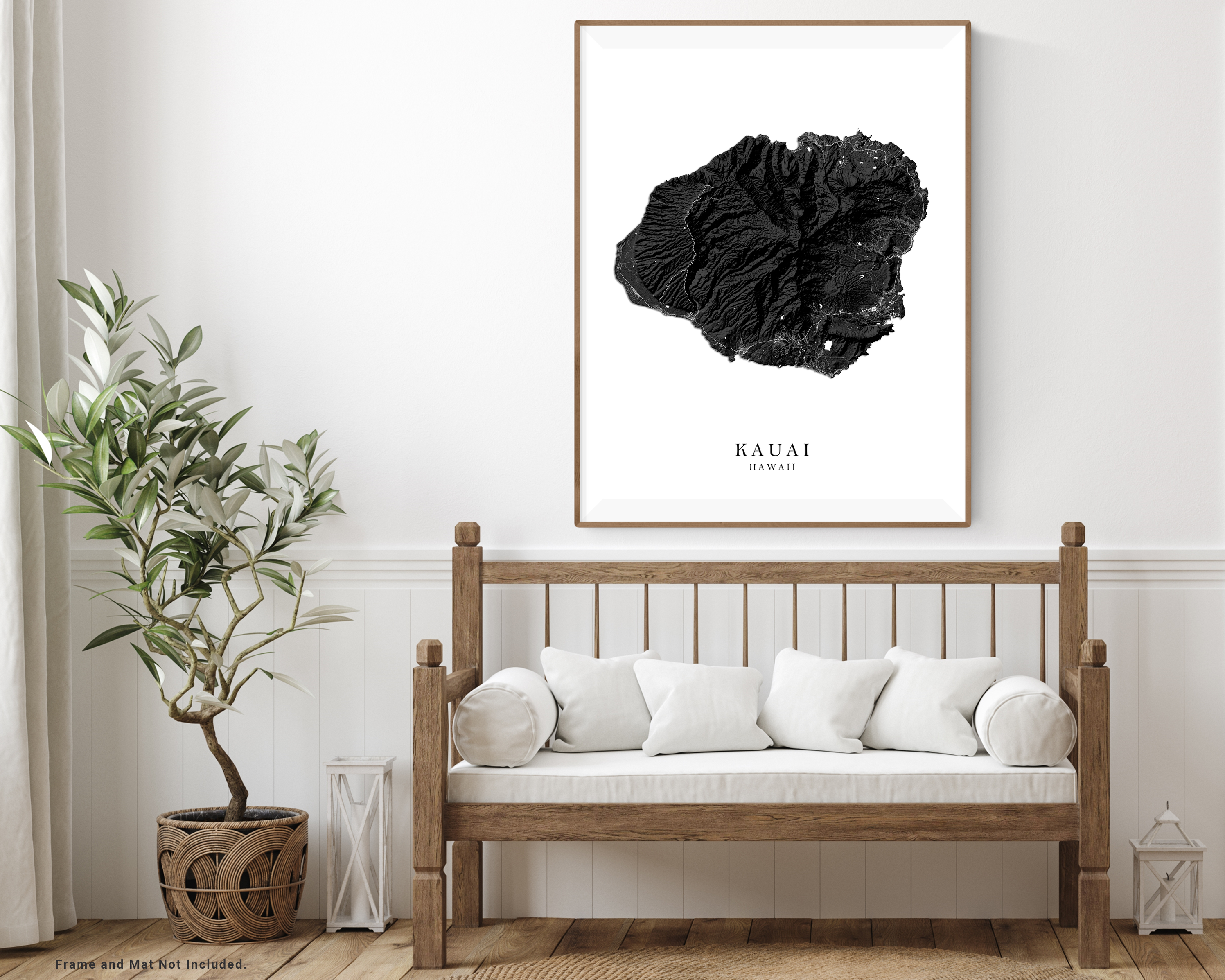 Kauai Hawaii Map Wall Art Print Poster, Black and White Topographic Ha ...