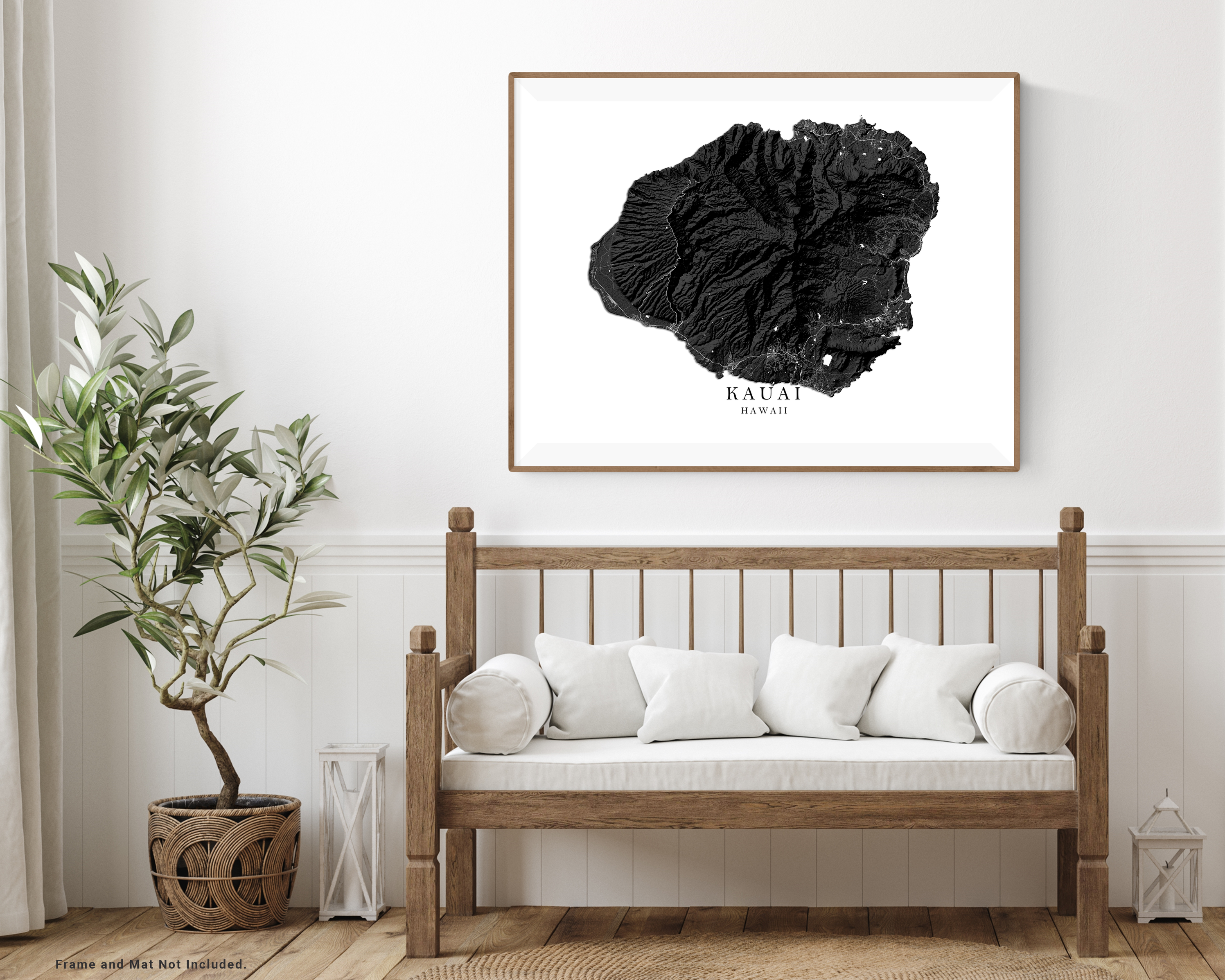 Kauai Hawaii Map Wall Art Print Poster, Black and White Topographic Ha ...