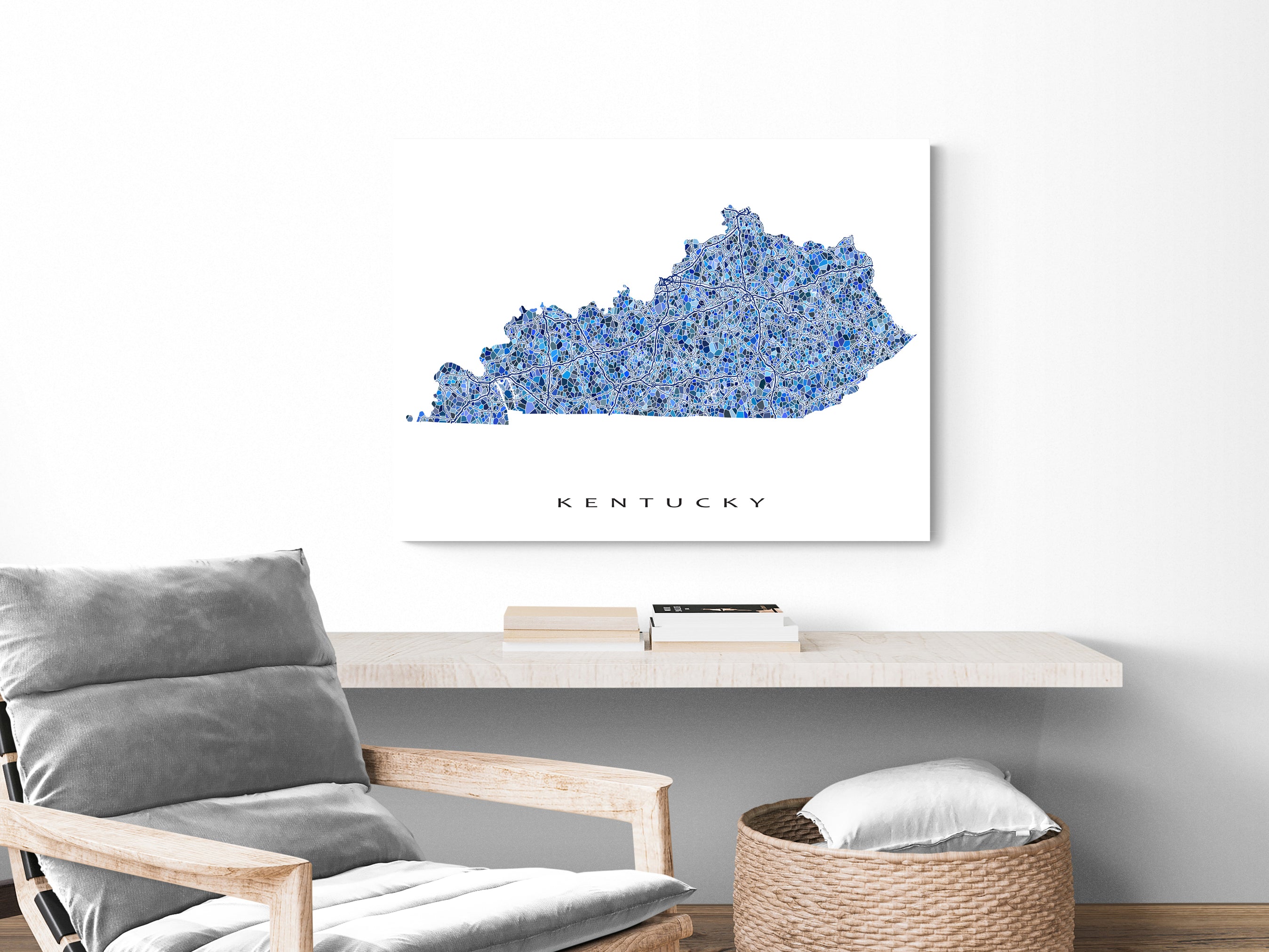 Kentucky State Map Wall Art Print Poster, Blue Geometric KY Road Maps ...