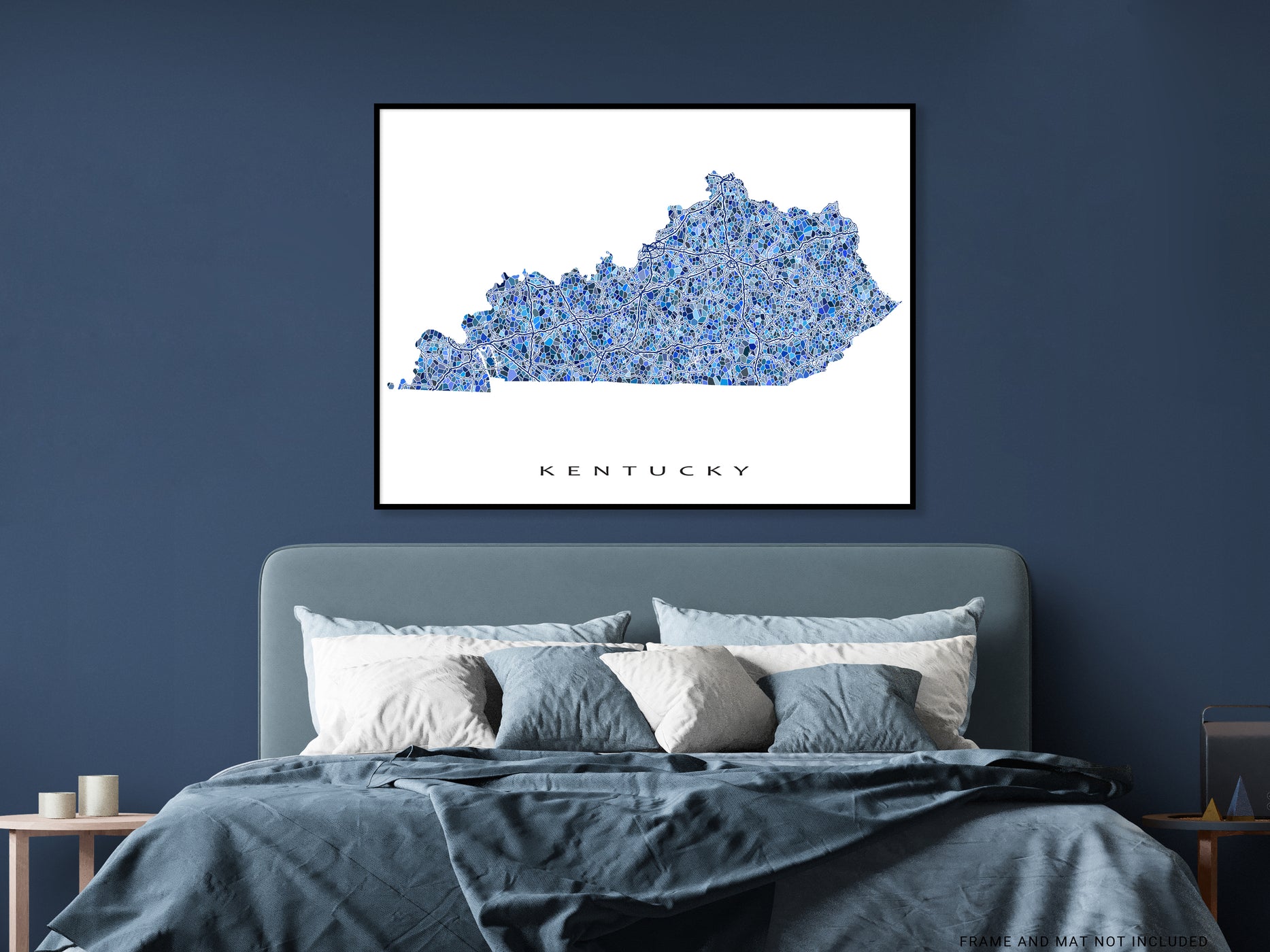 Kentucky State Map Wall Art Print Poster, Blue Geometric KY Road Maps ...