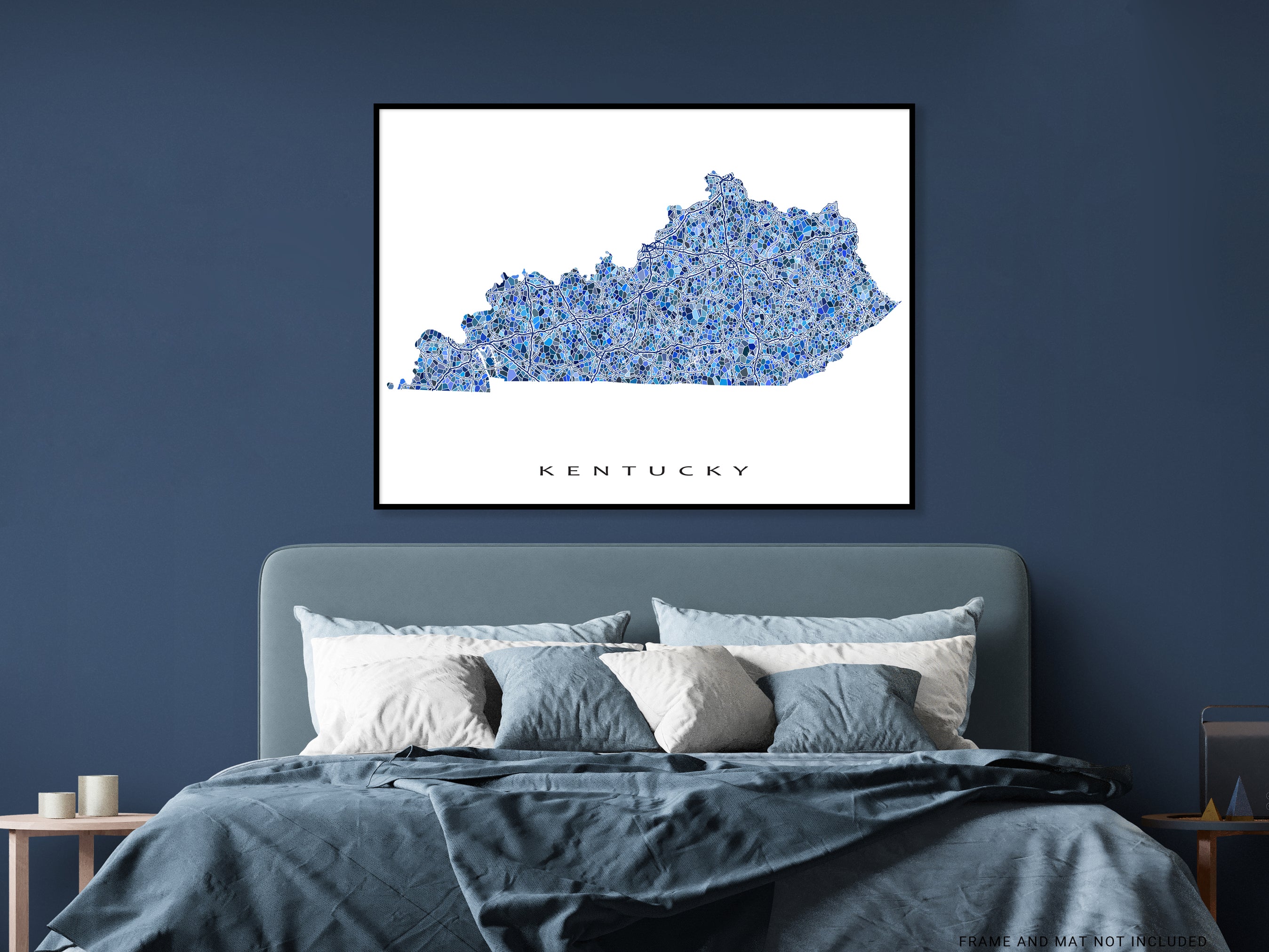 Kentucky State Map Wall Art Print Poster, Blue Geometric KY Road Maps ...