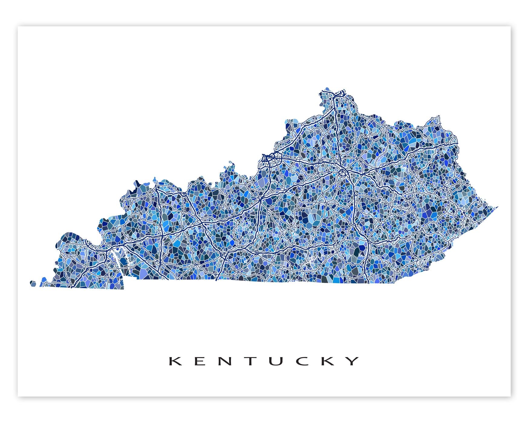 Kentucky State Map Wall Art Print Poster, Blue Geometric KY Road Maps ...