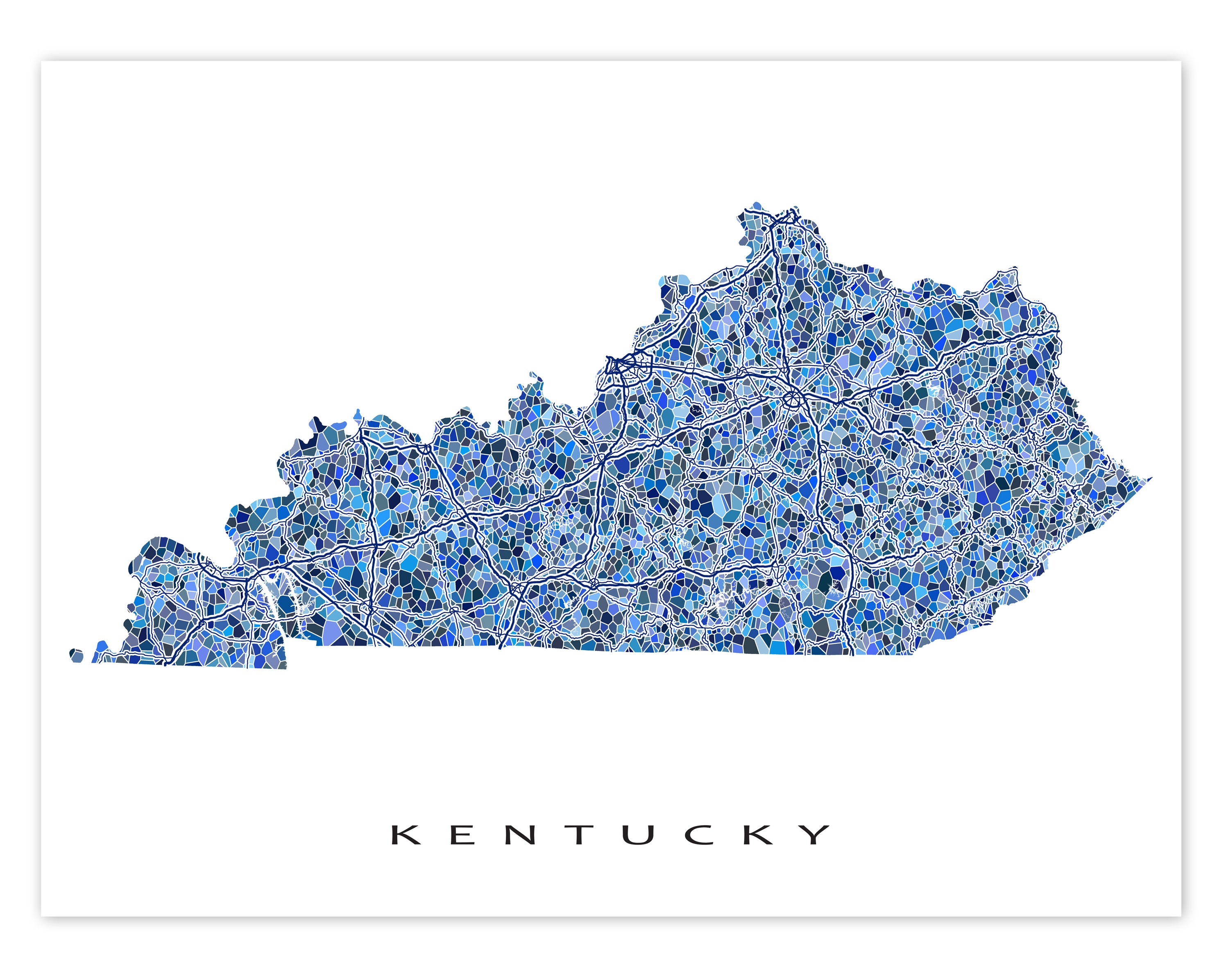 Kentucky State Map Wall Art Print Poster, Blue Geometric KY Road Maps ...