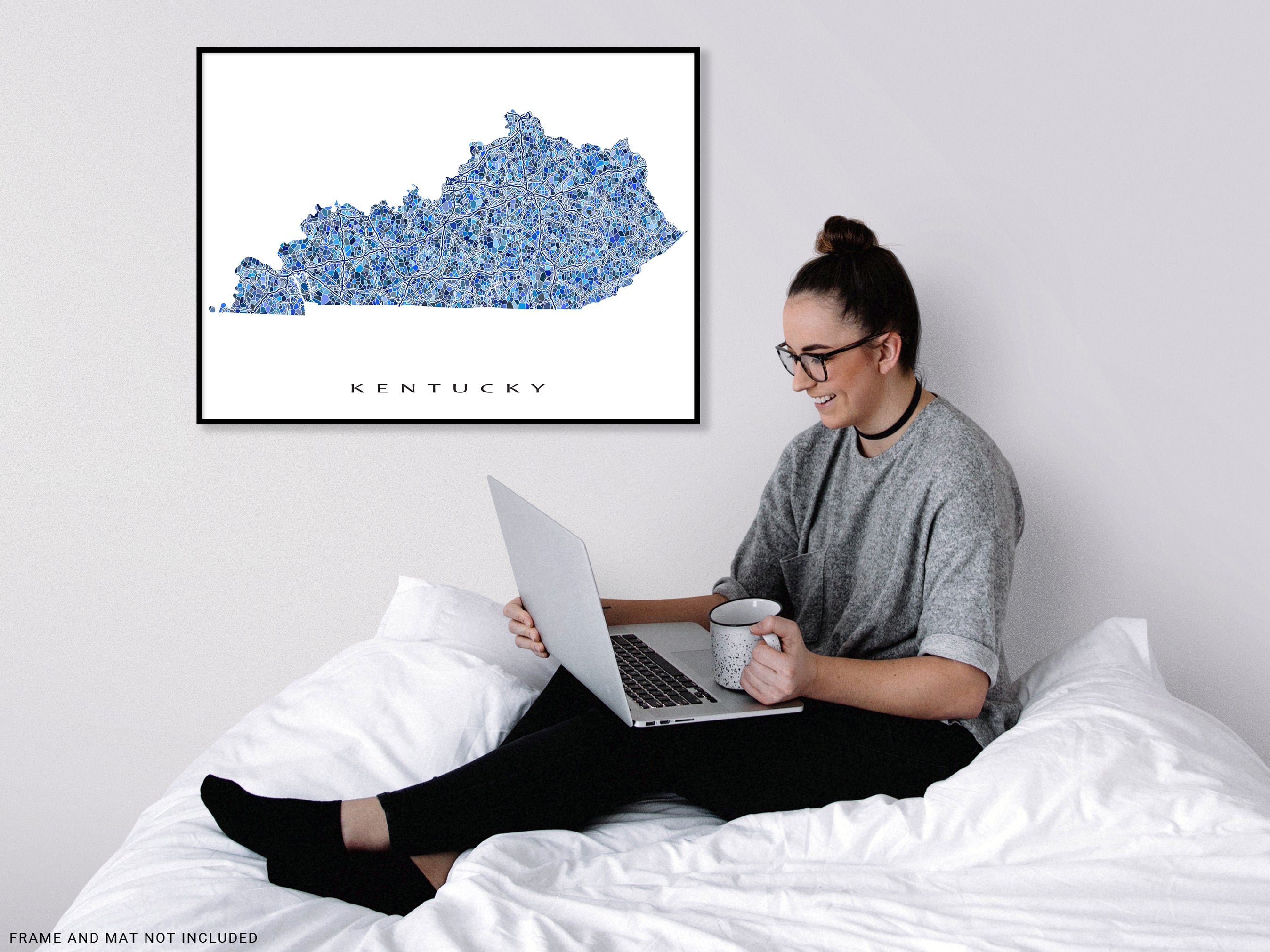 Kentucky State Map Wall Art Print Poster, Blue Geometric KY Road Maps ...