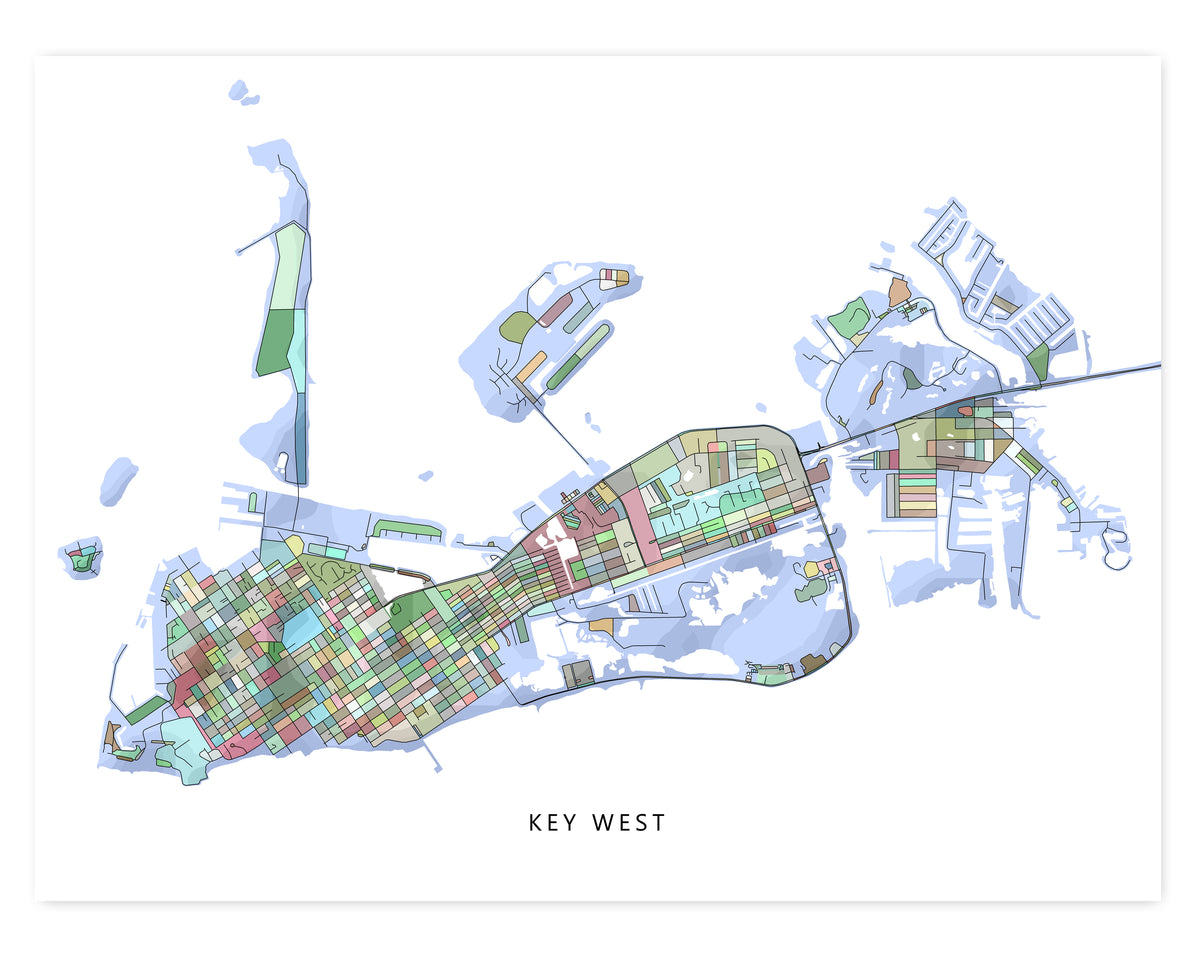 Key West Florida Keys Map Wall Art Print Poster with Multicolor Colorf ...