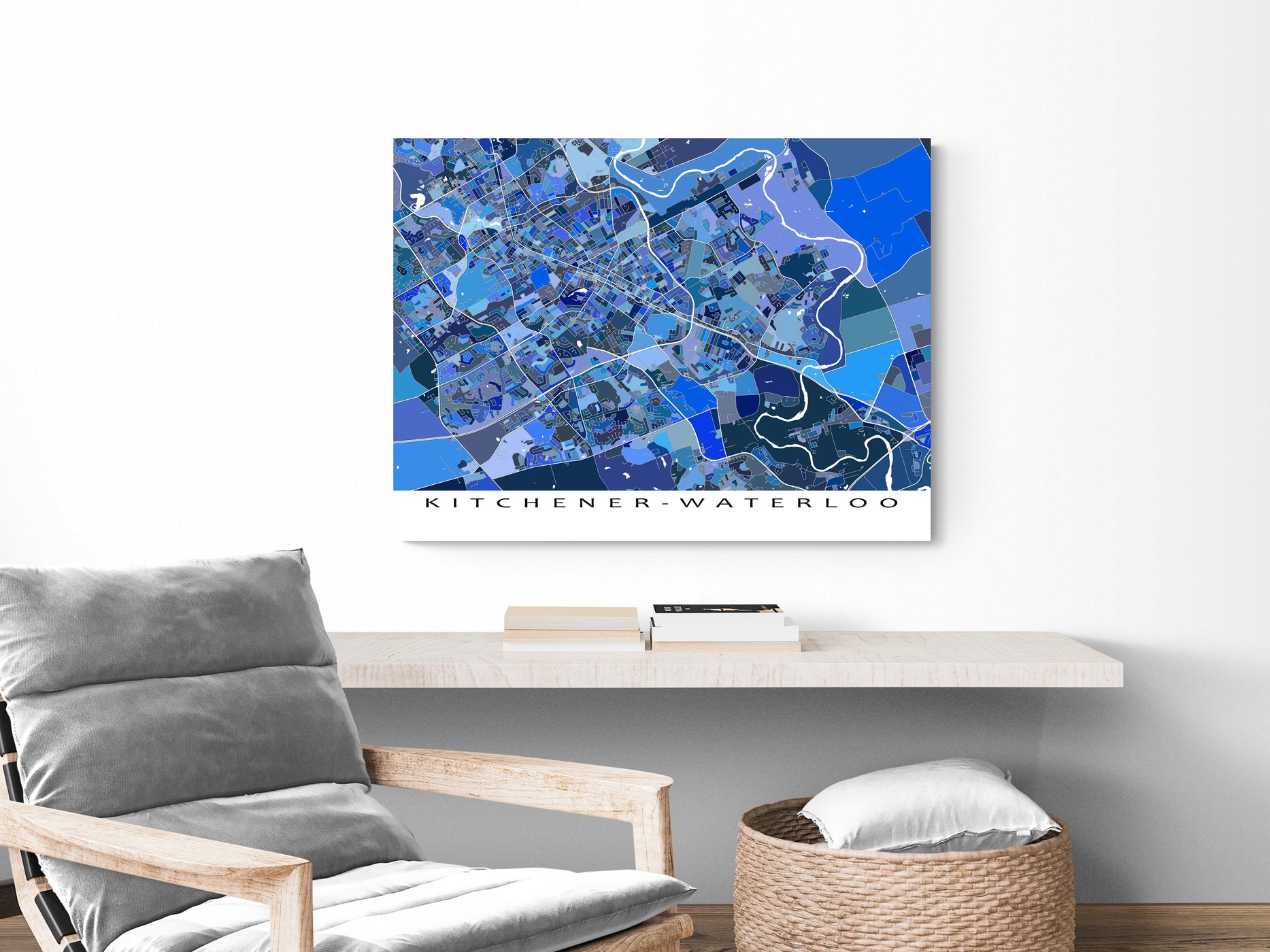 Kitchener - Waterloo Map Wall Art Print Poster, Blue Geometric City St ...