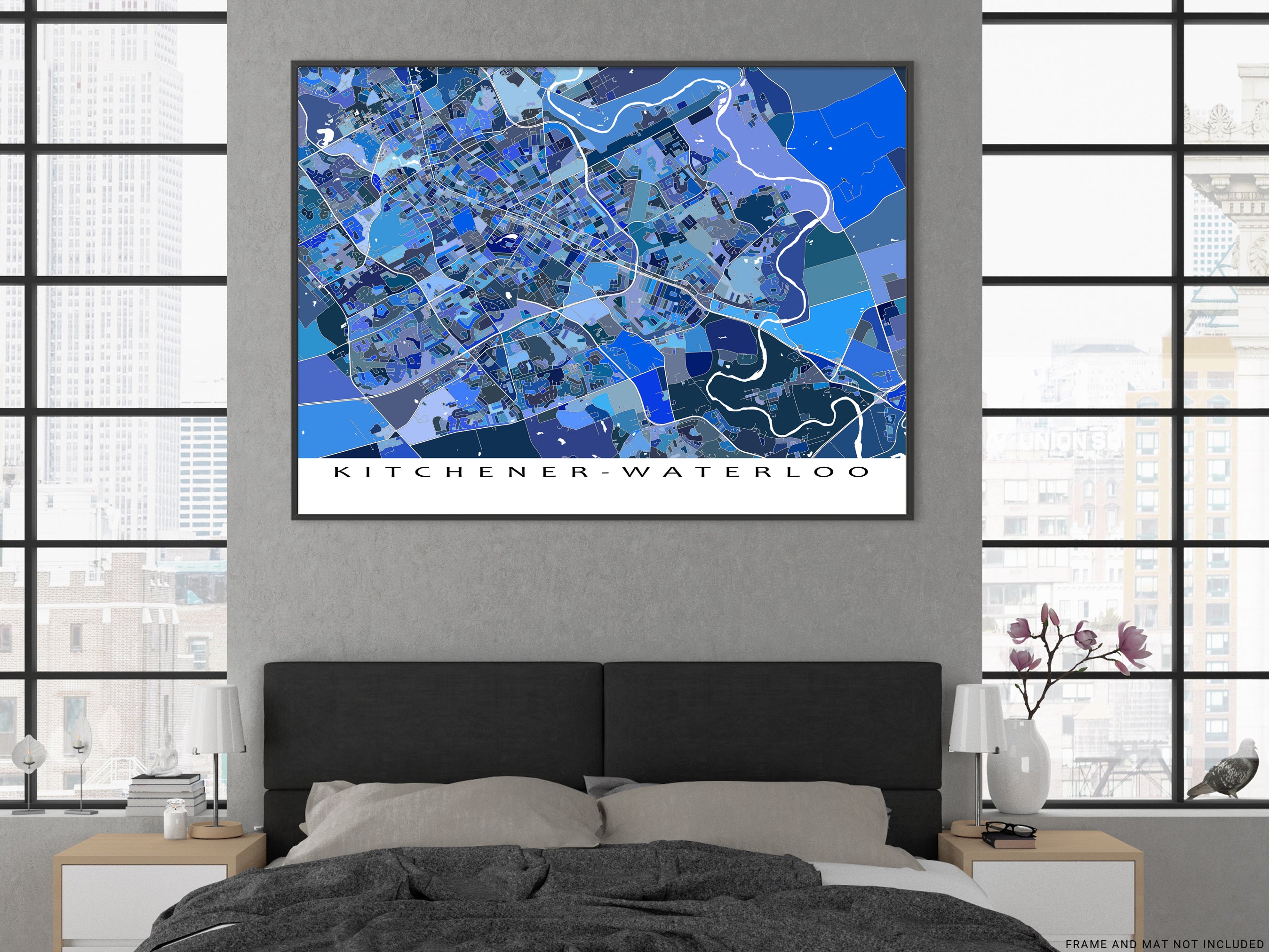 Kitchener - Waterloo Map Wall Art Print Poster, Blue Geometric City St ...
