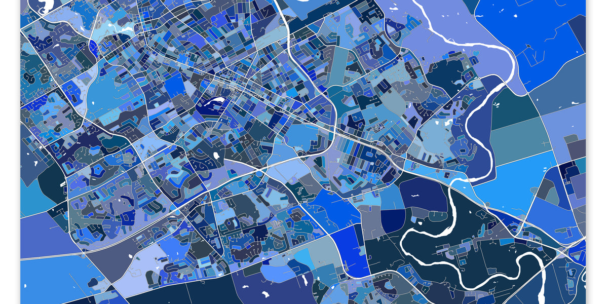 Kitchener - Waterloo Map Wall Art Print Poster, Blue Geometric City St ...