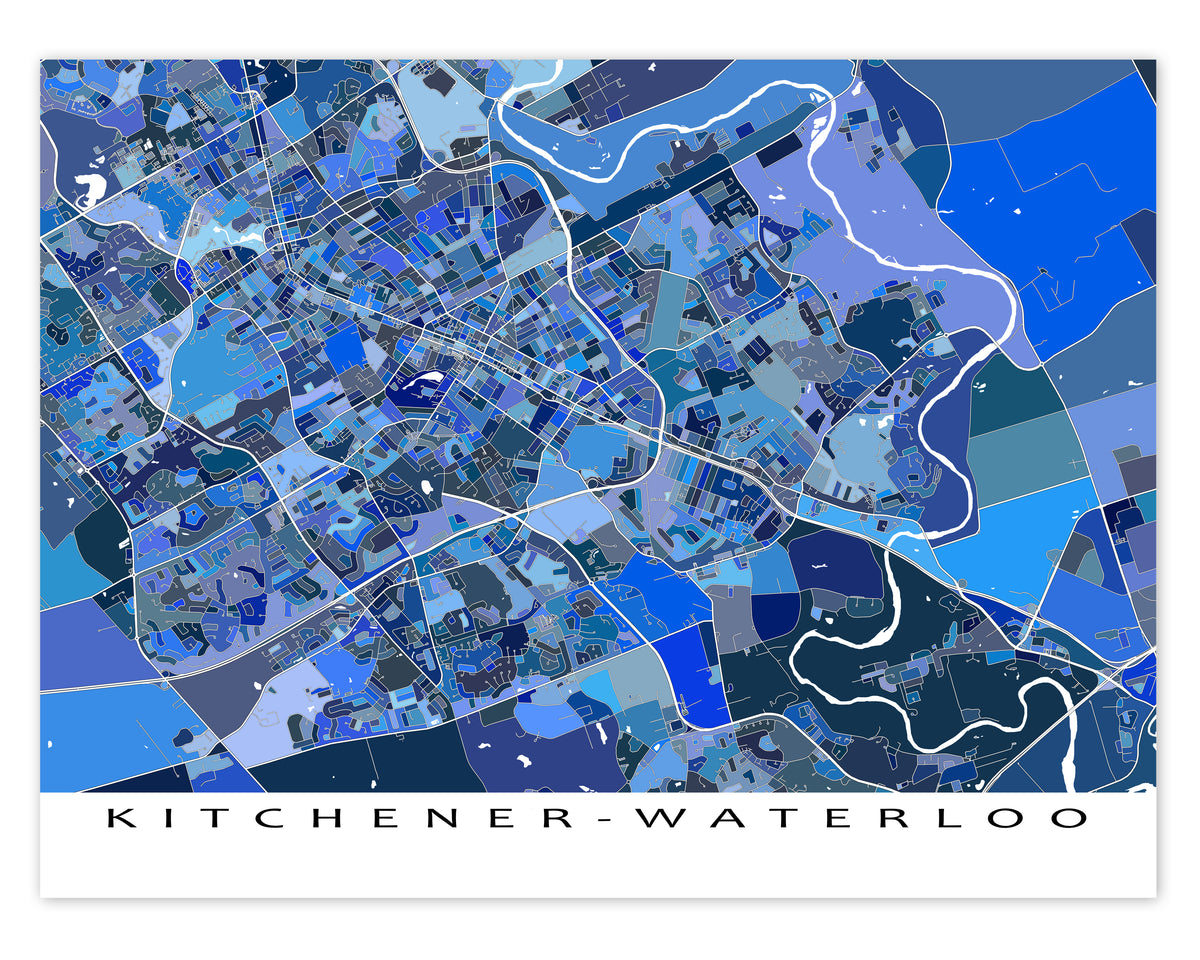 Kitchener - Waterloo Map Wall Art Print Poster, Blue Geometric City St ...