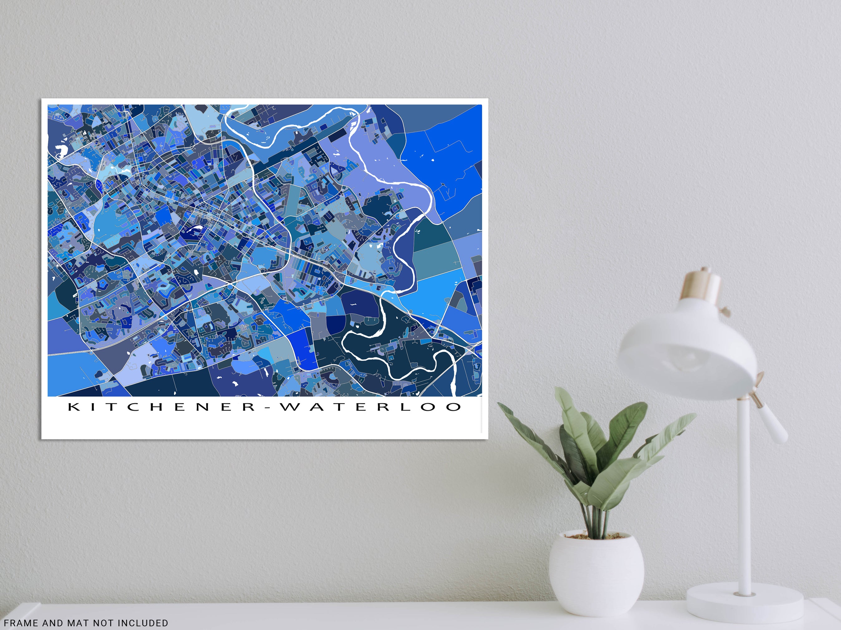 Kitchener - Waterloo Map Wall Art Print Poster, Blue Geometric City St ...