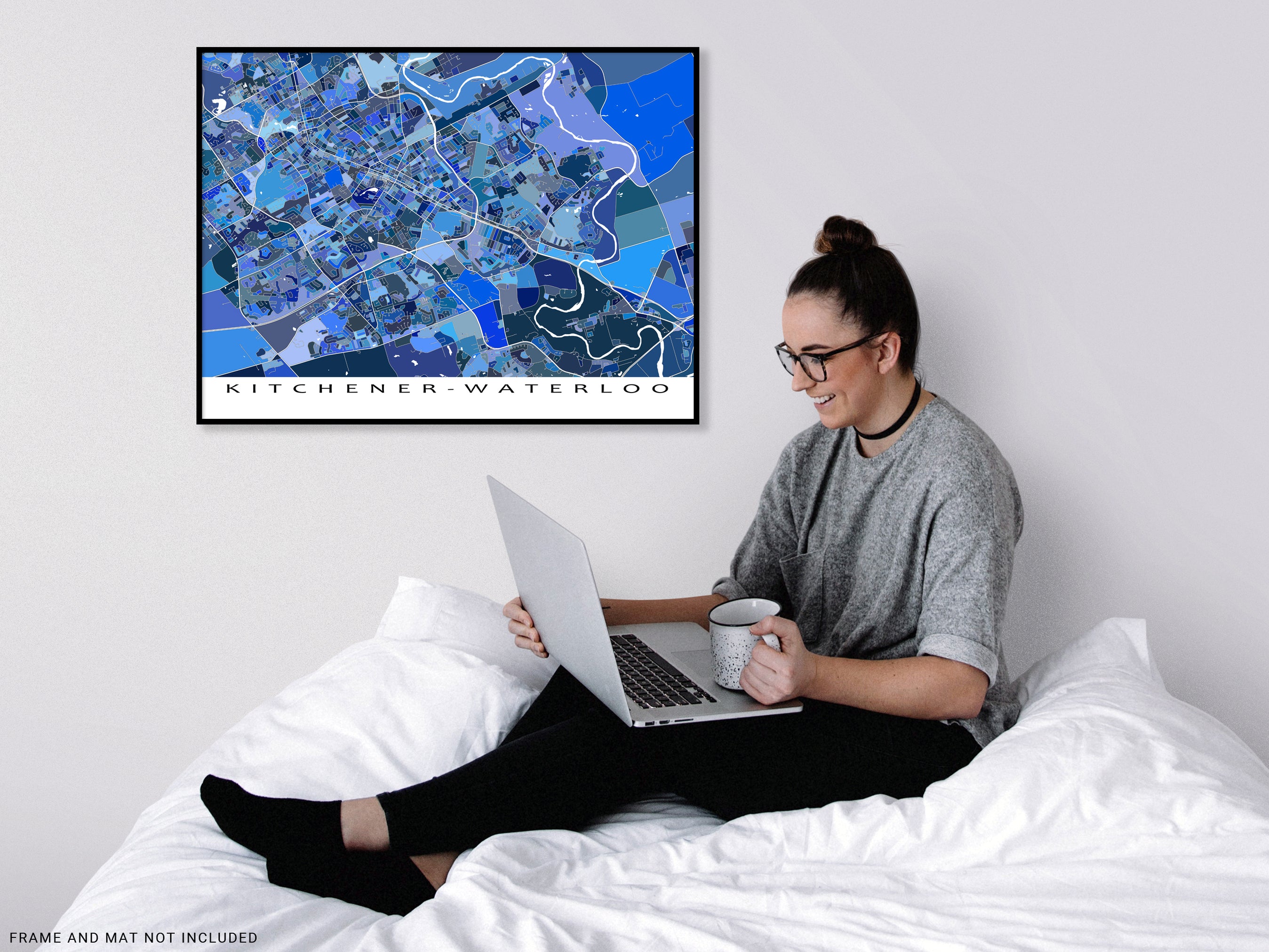 Kitchener - Waterloo Map Wall Art Print Poster, Blue Geometric City St ...