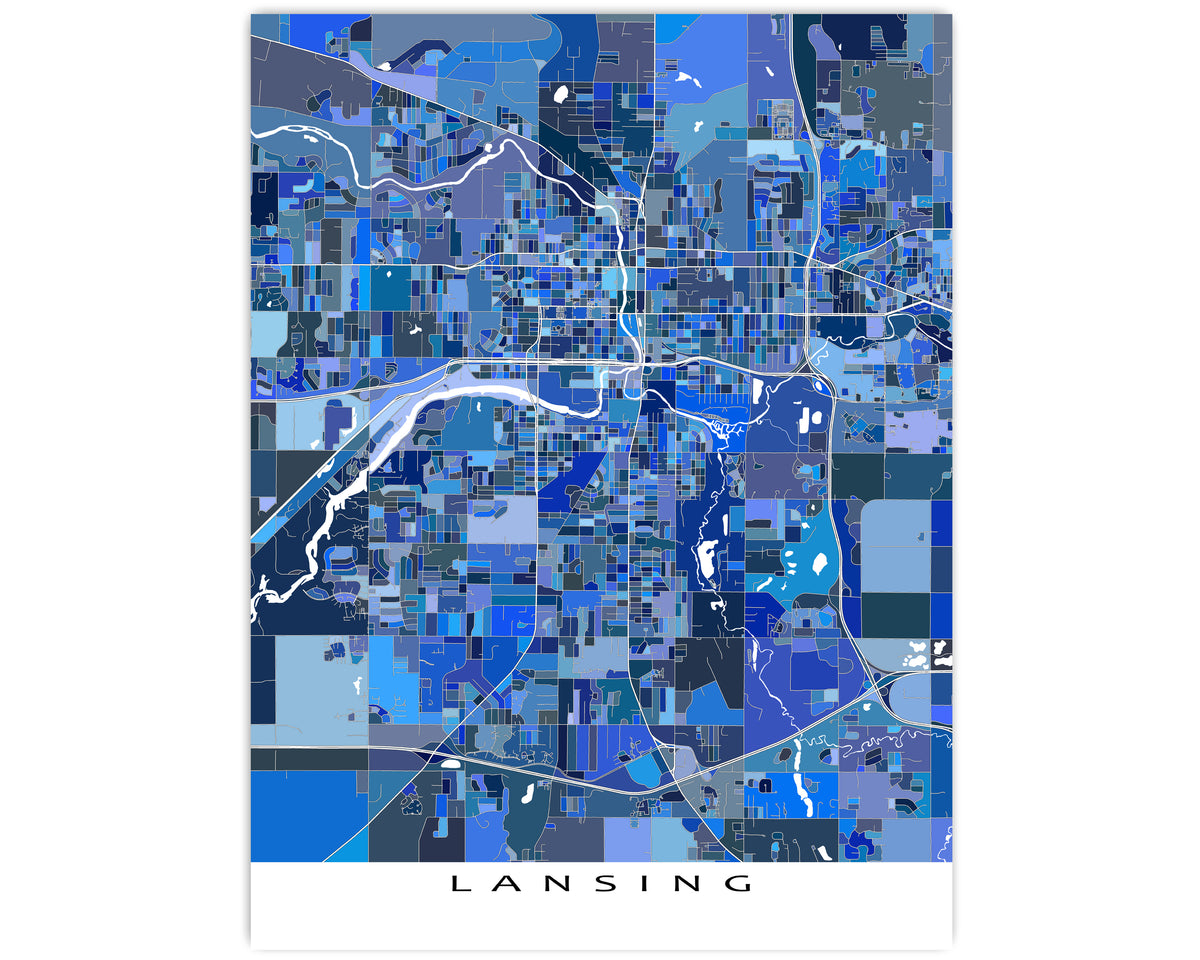 Lansing Michigan City Map Wall Art Print Poster with Blue Geometric De ...