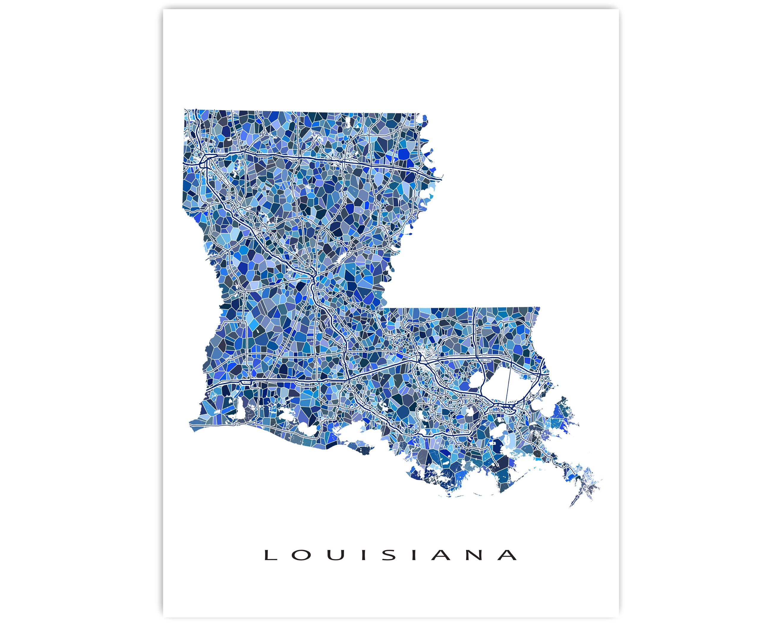 Louisiana State Map Wall Art Print Poster with Blue Geometric Design ...