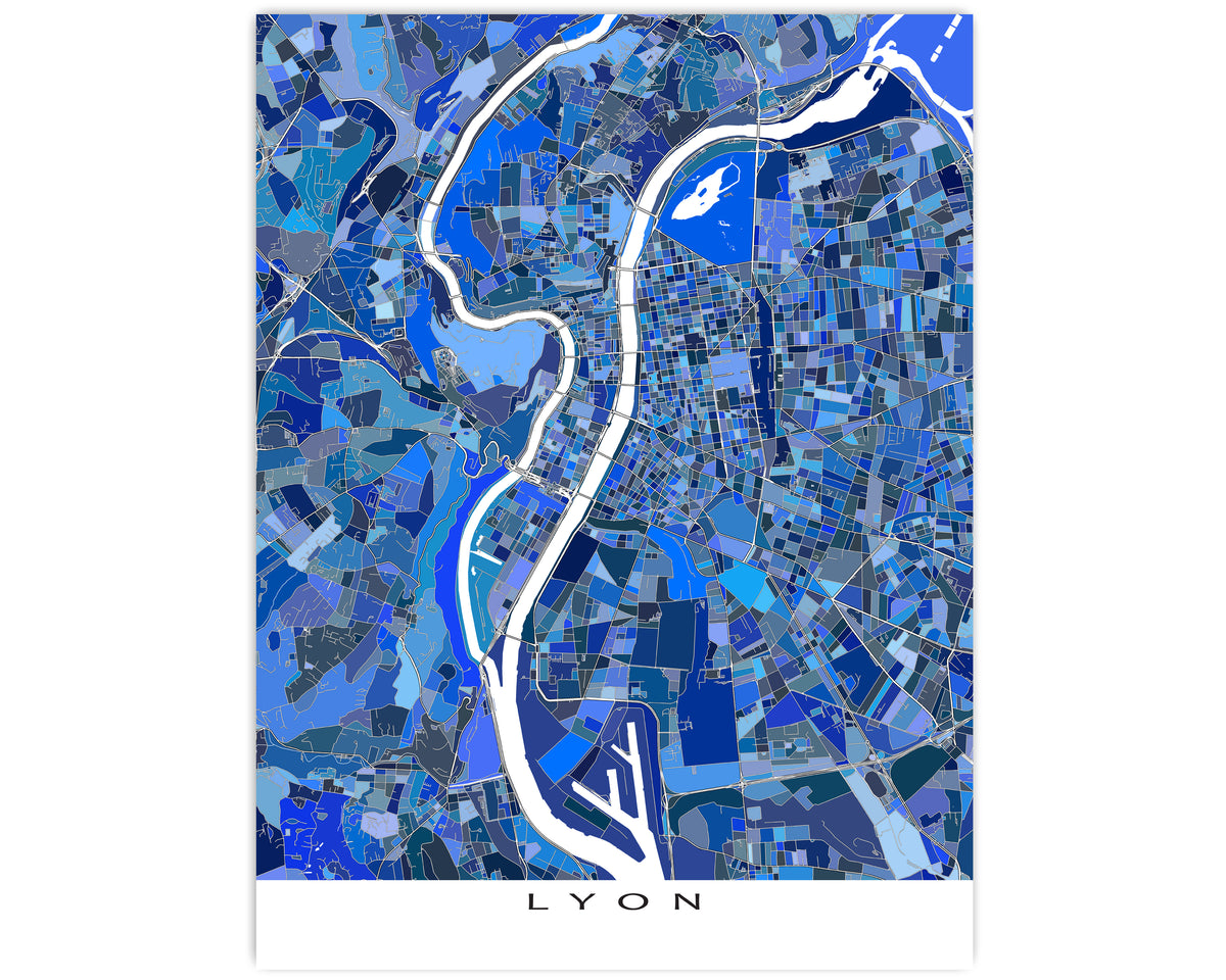 Lyon France City Map Wall Art Print Poster with Blue Geometric Design ...