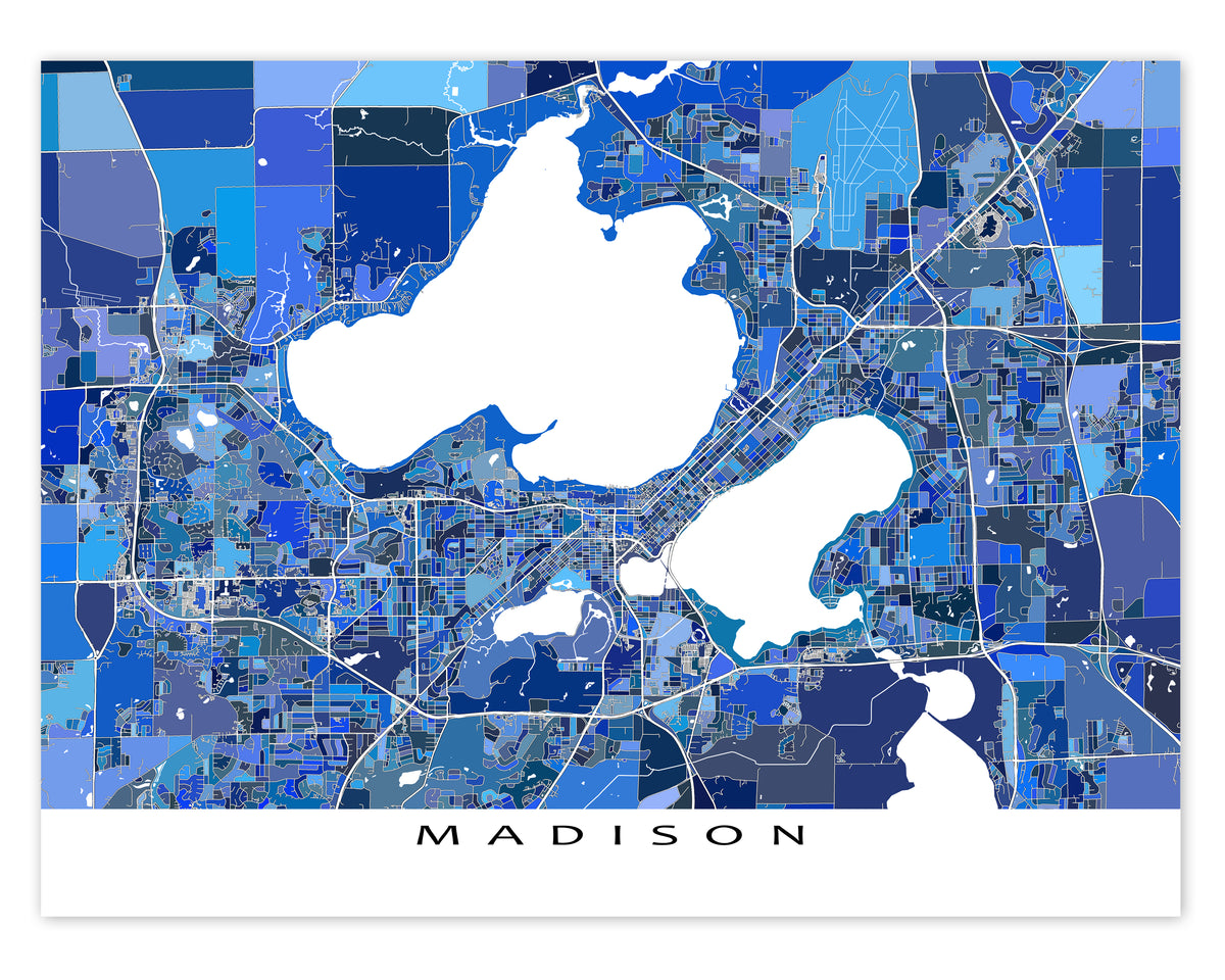 Madison City Street Map Wall Art Print Poster, Blue Geometric Madison ...