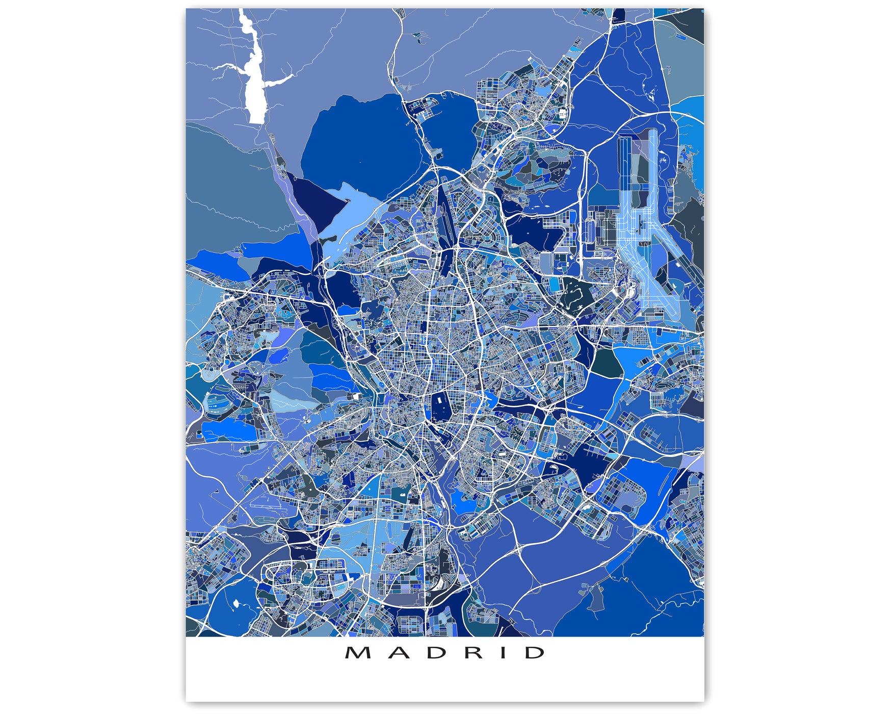 Madrid Map Print Poster, Spain Blue Geometric City Street Maps for Hom ...
