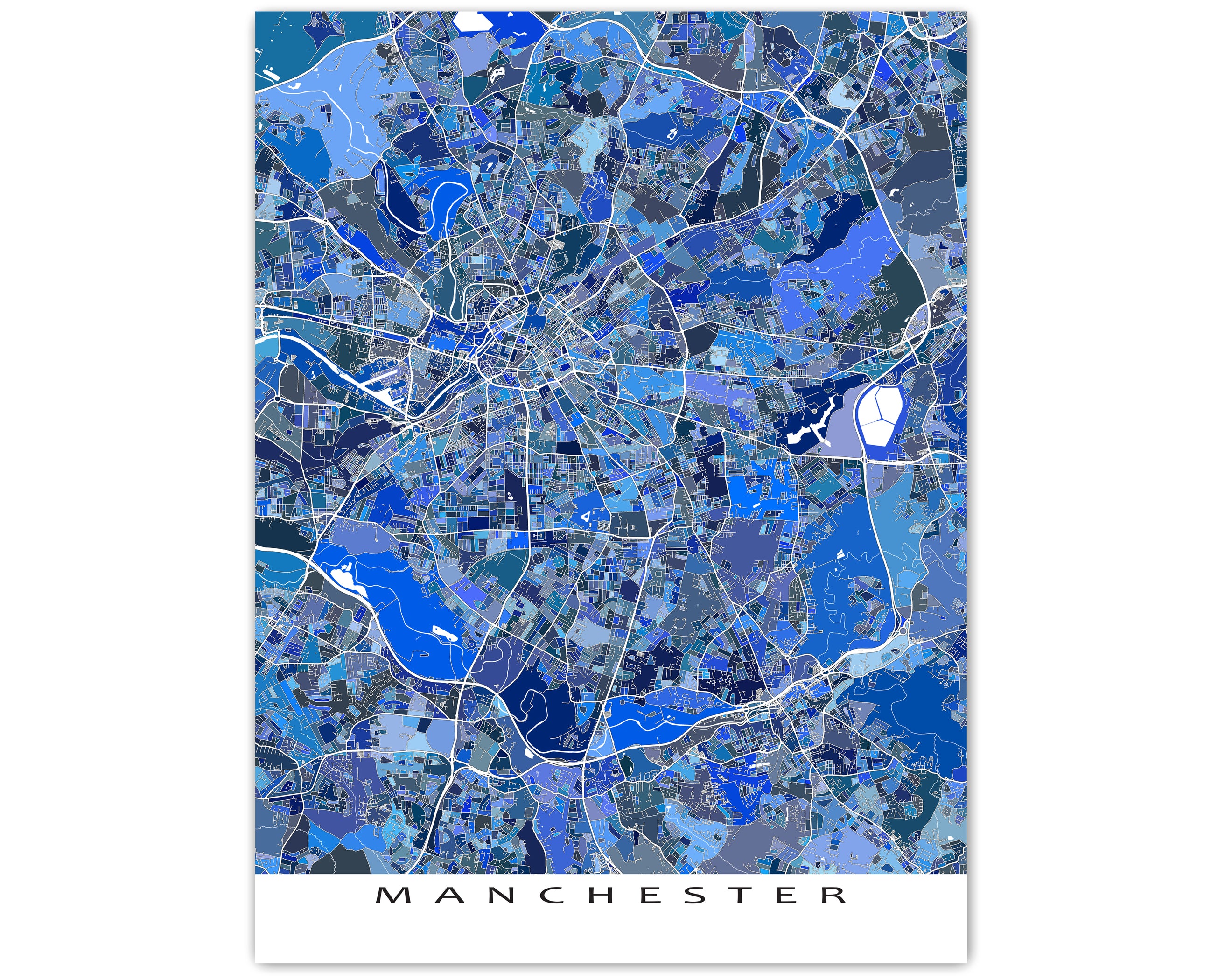 Manchester Map Wall Art Print, Blue Geometric England United Kingdom C ...