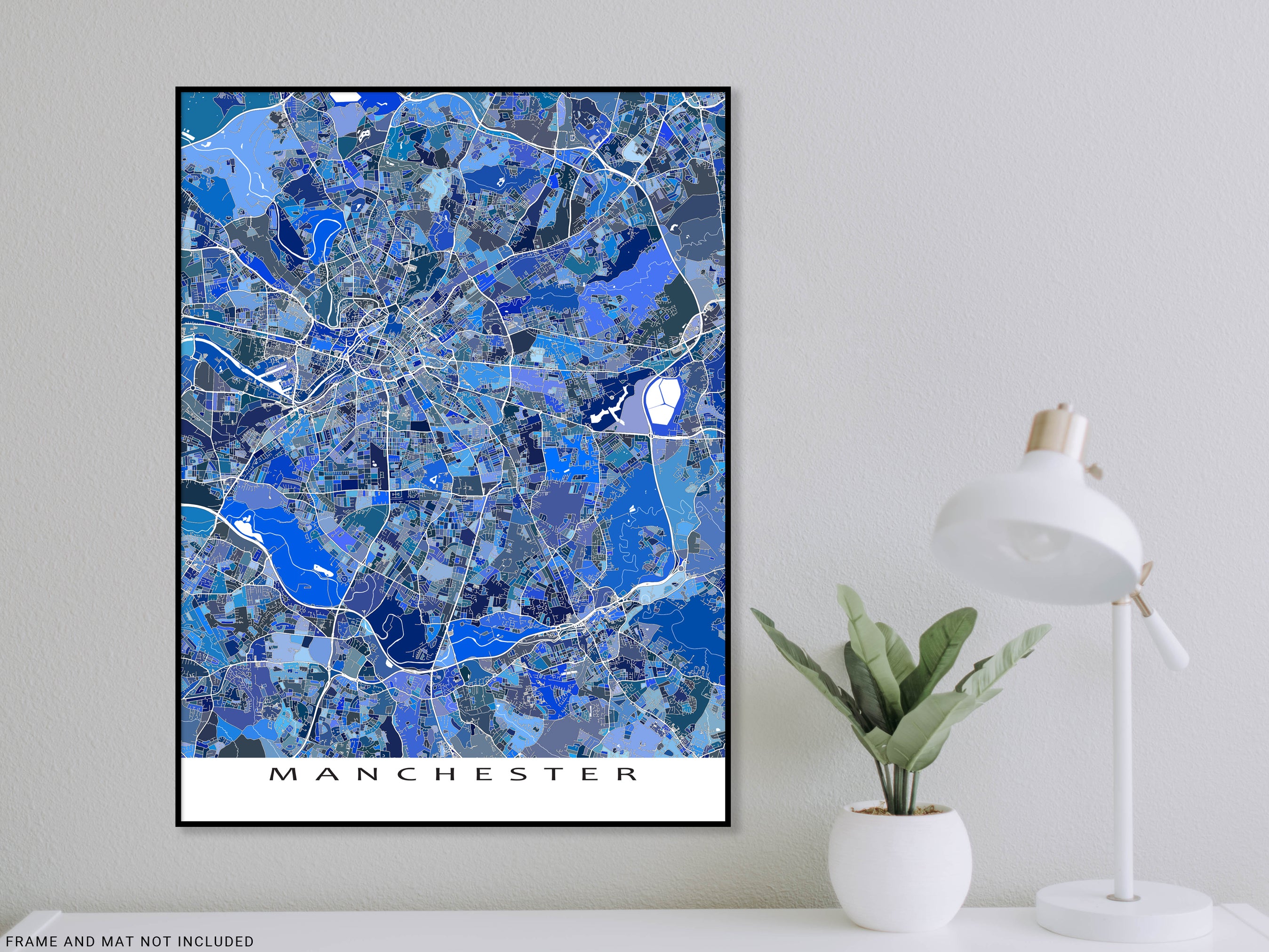 Manchester Map Wall Art Print, Blue Geometric England United Kingdom C ...