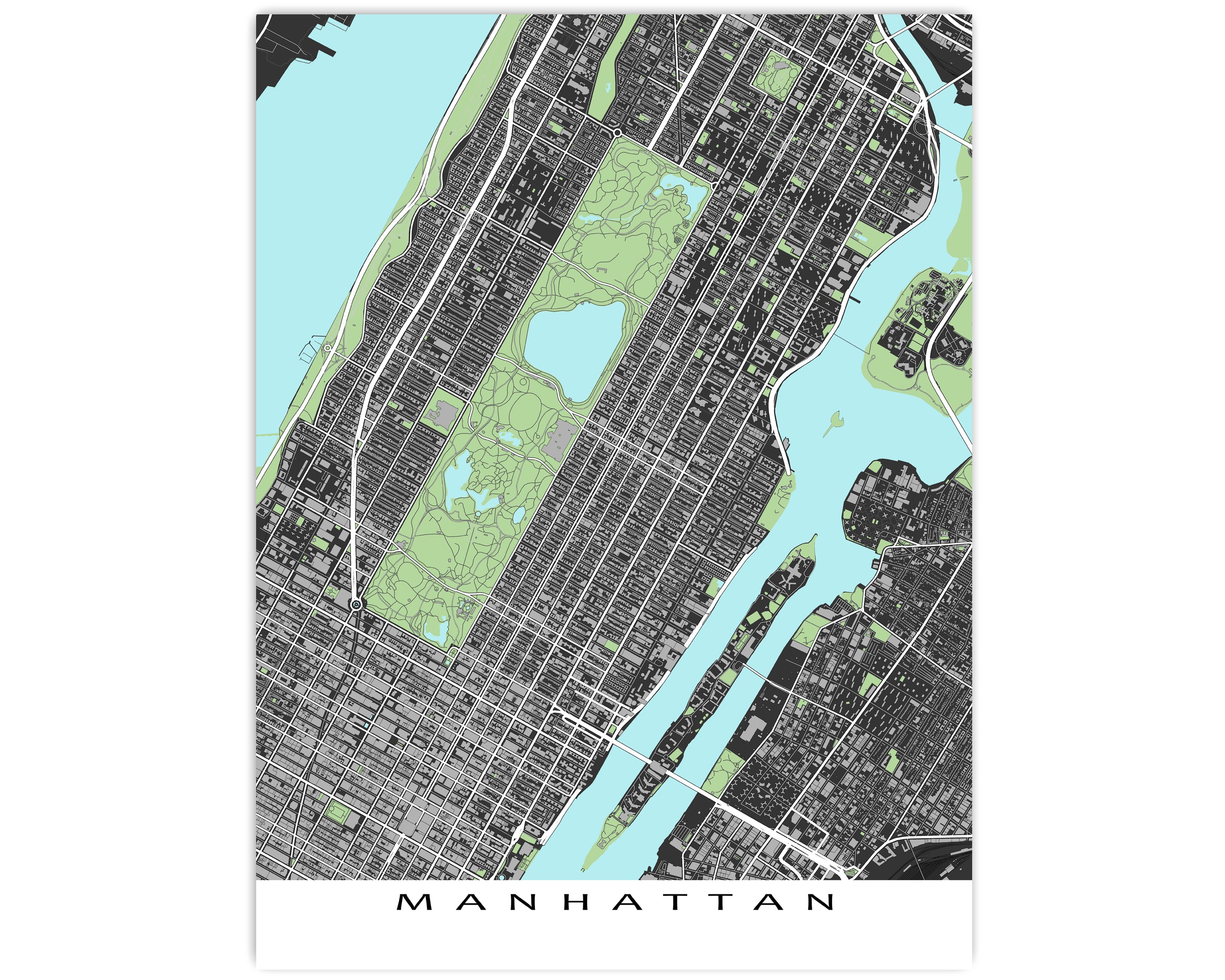 Manhattan New York City Map Print Poster with Buildings, Central Park ...