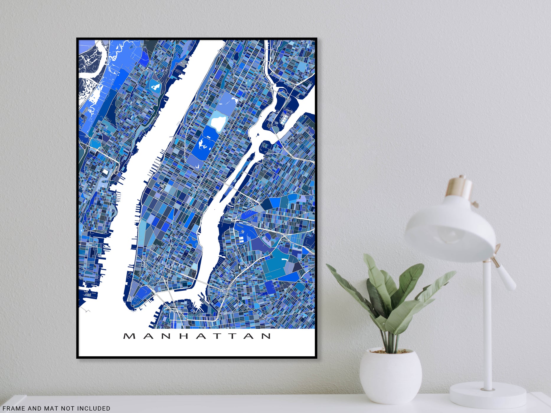Manhattan Island New York City Map Print Poster, Blue Geometric NYC Wa ...