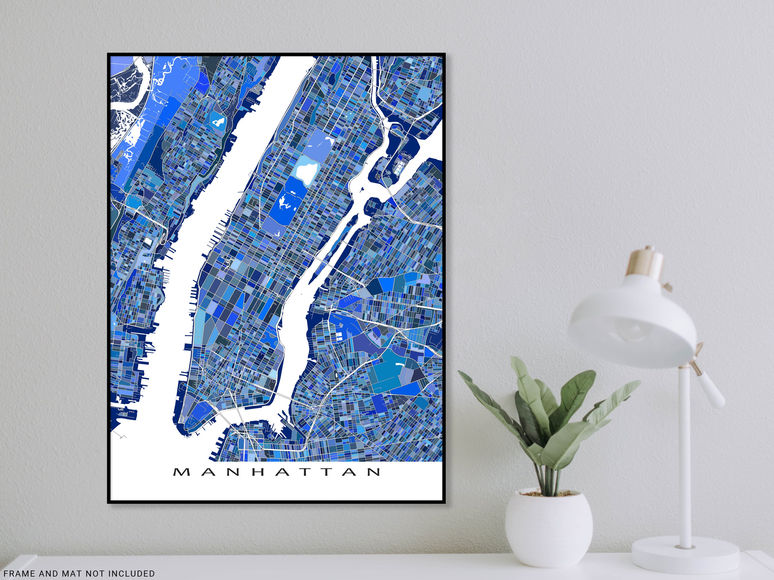 Manhattan Island New York City Map Print Poster, Blue Geometric NYC Wa ...