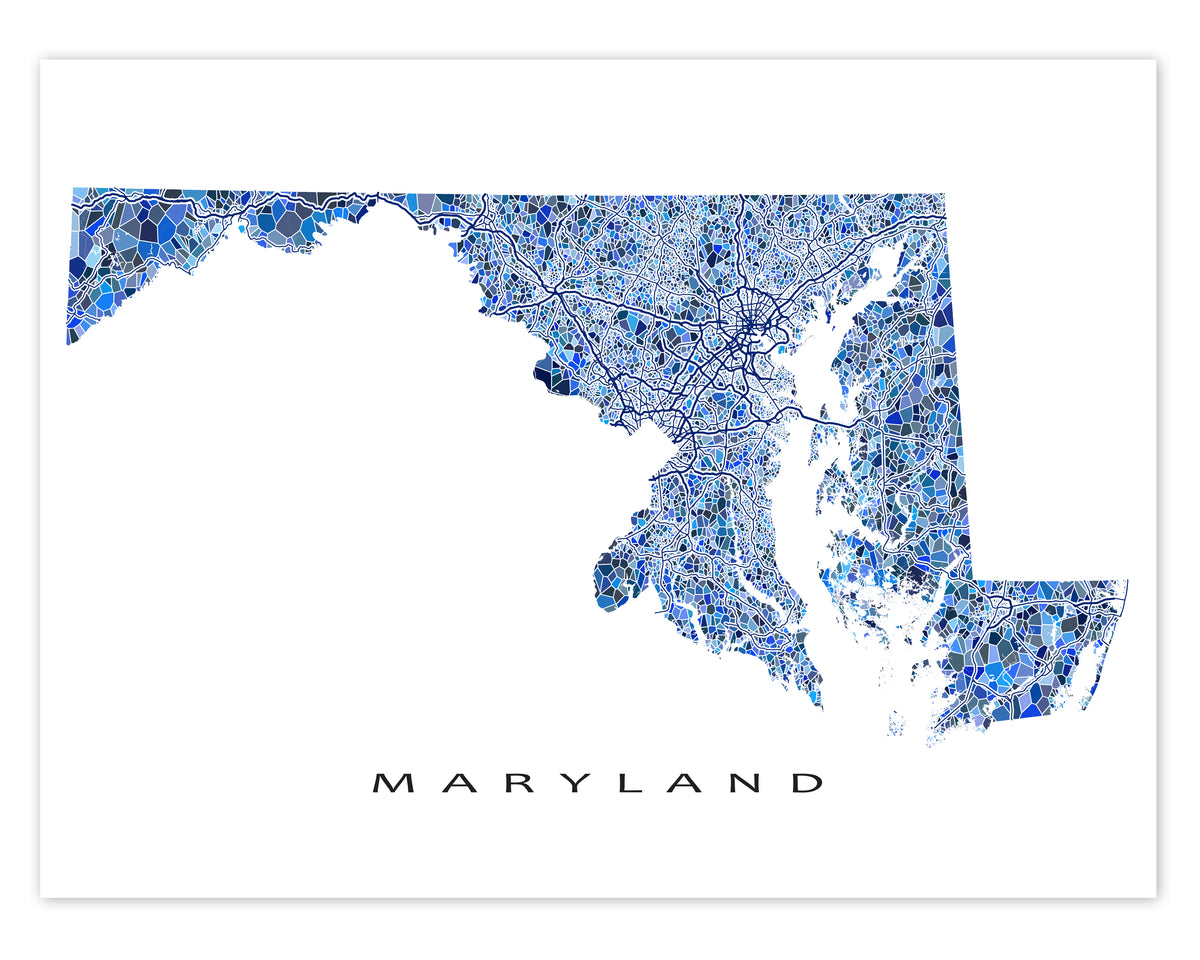 Maryland Map Wall Art Print Poster, Blue Geometic MD State Road Maps ...