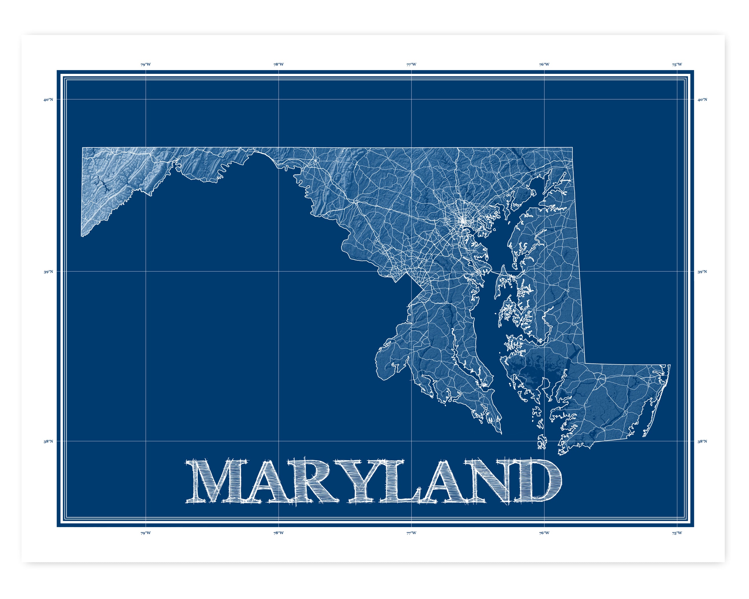 Maryland Map Wall Art Print, Blueprint MD State Poster, Patent Prints ...
