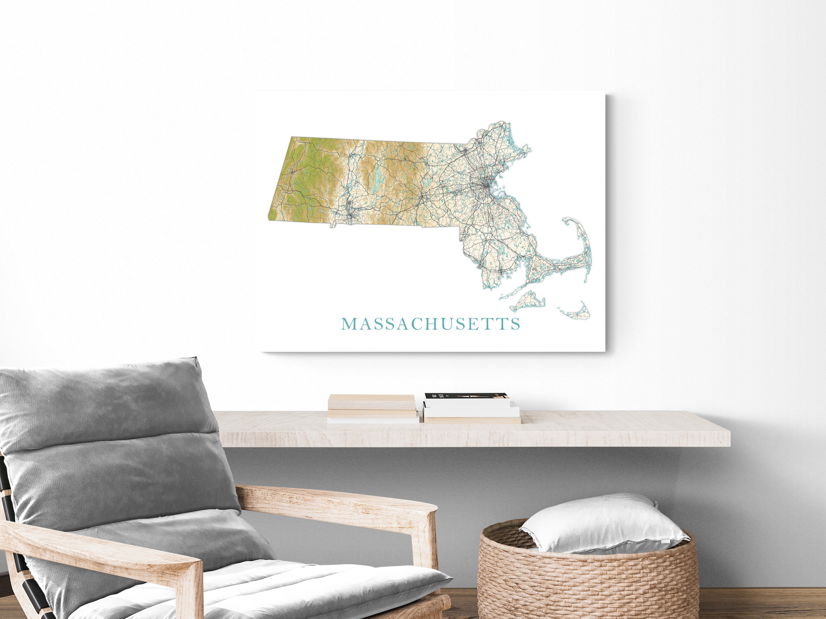 Massachusetts State Wall Art Map Print Poster, Topographic Terrain Lan ...