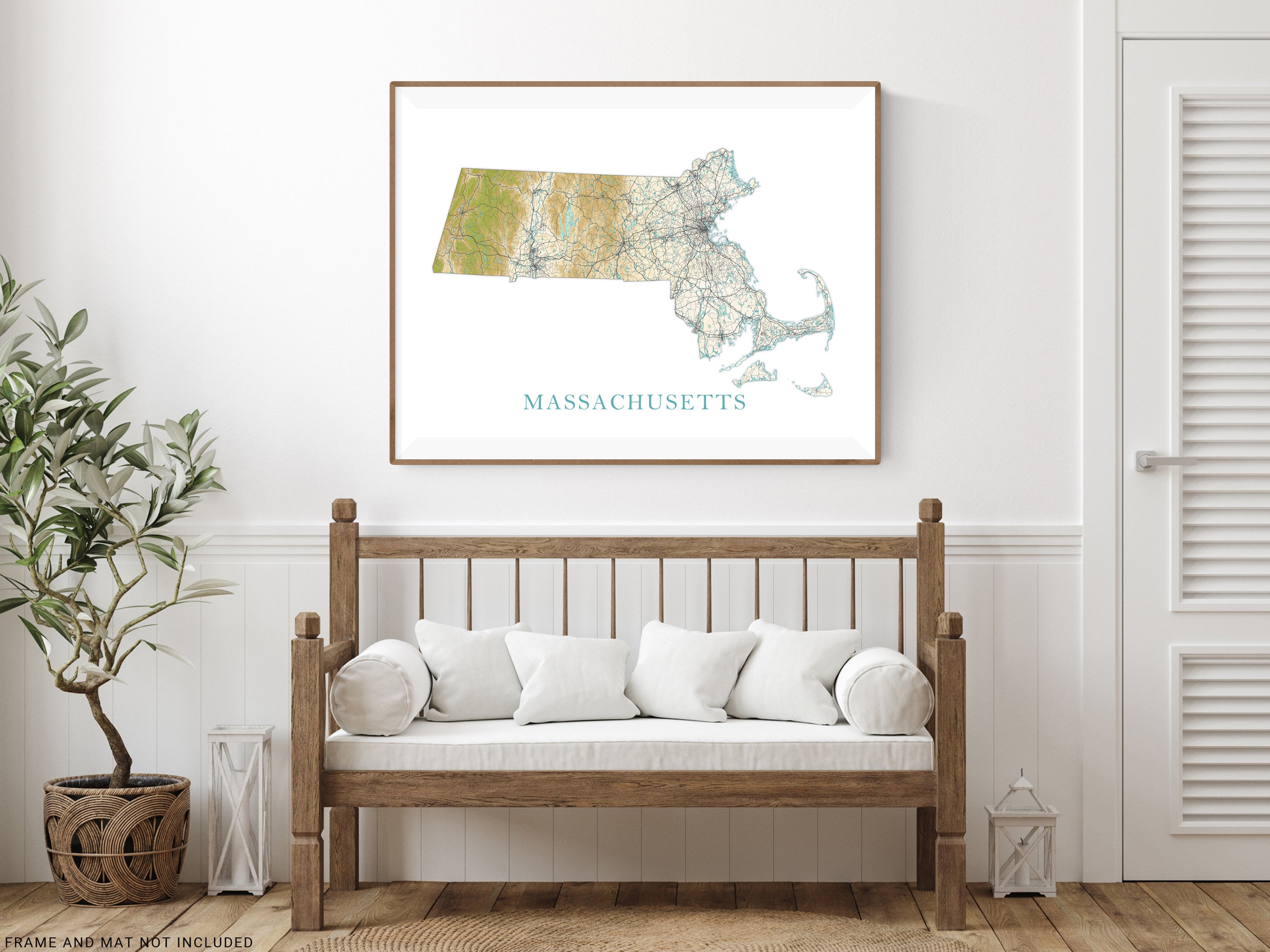 Massachusetts State Wall Art Map Print Poster, Topographic Terrain Lan ...