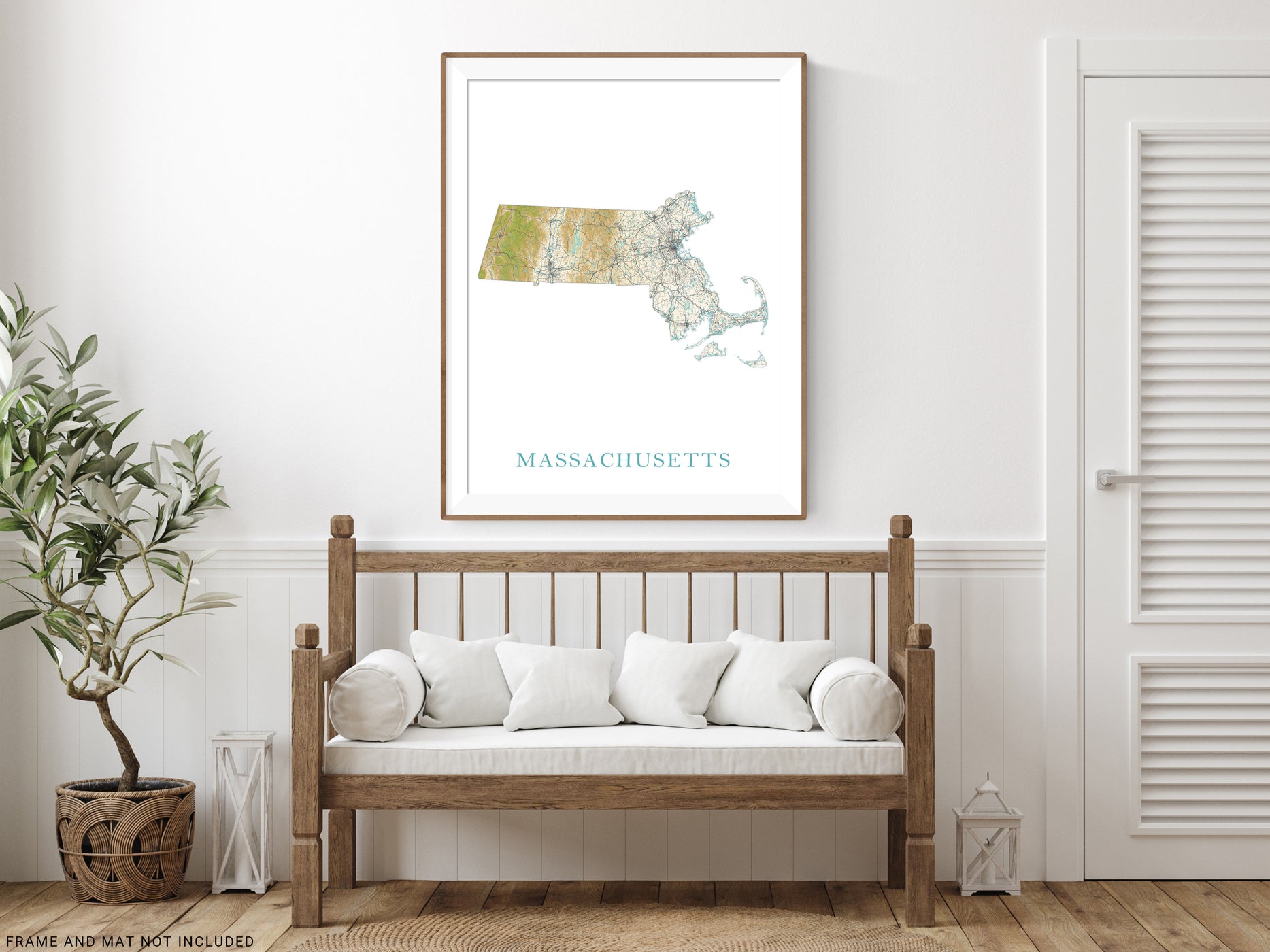 Massachusetts State Wall Art Map Print Poster, Topographic Terrain Lan ...