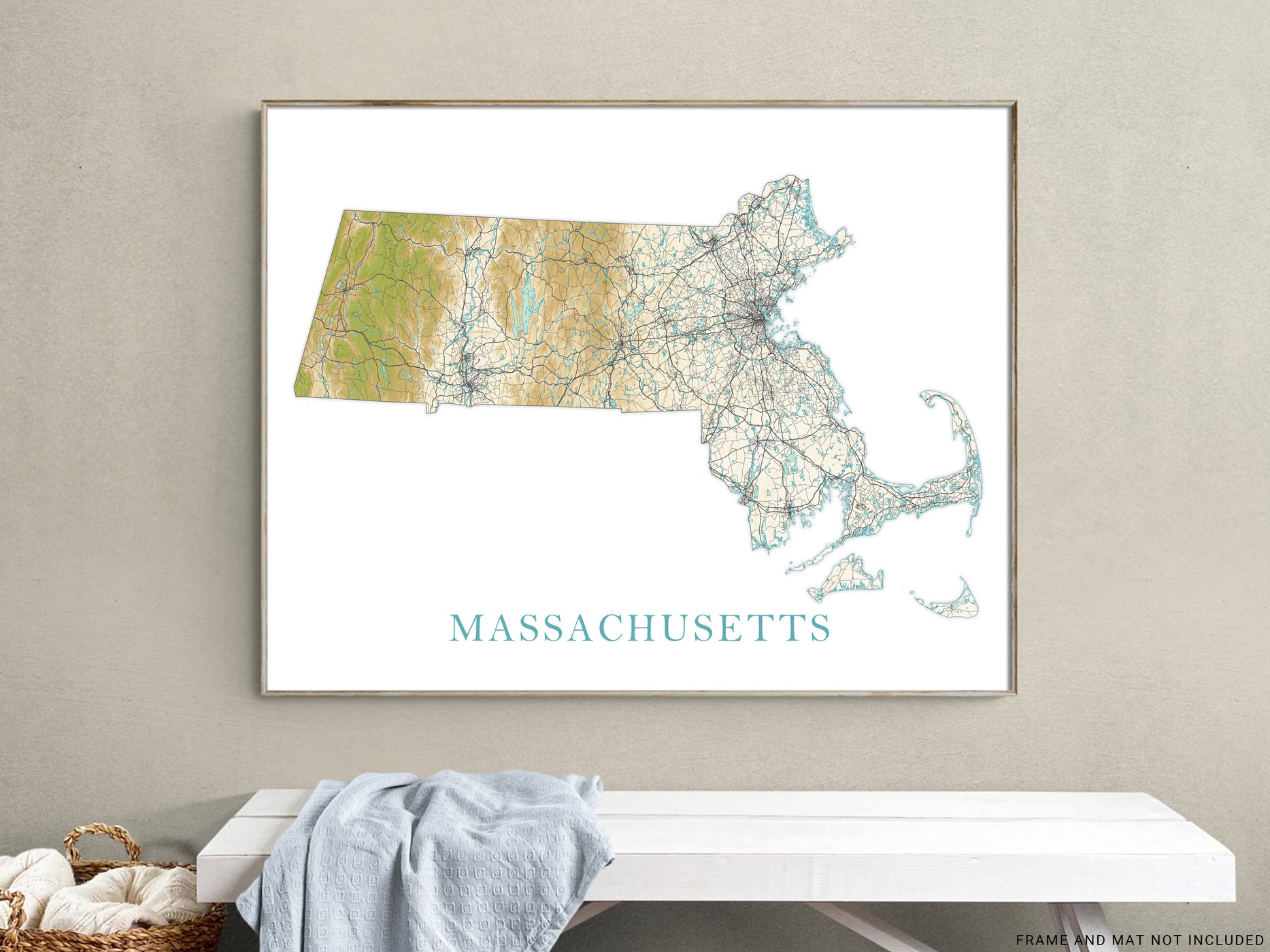 Massachusetts State Wall Art Map Print Poster, Topographic Terrain Lan ...