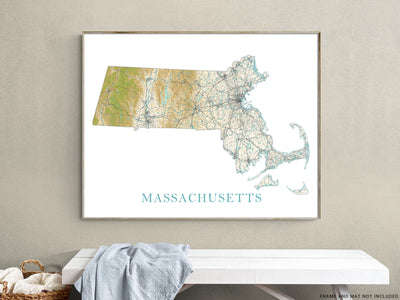 Massachusetts State Wall Art Map Print Poster, Topographic Terrain Lan ...