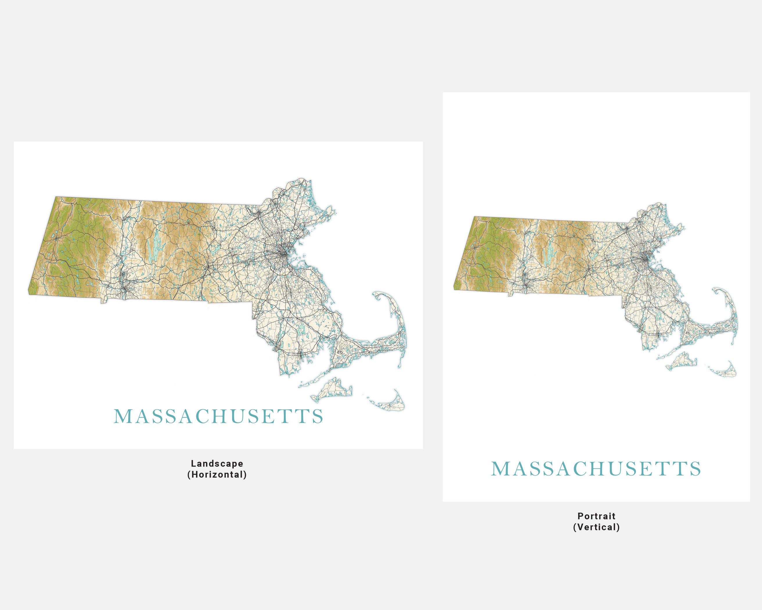 Massachusetts State Wall Art Map Print Poster, Topographic Terrain Lan ...