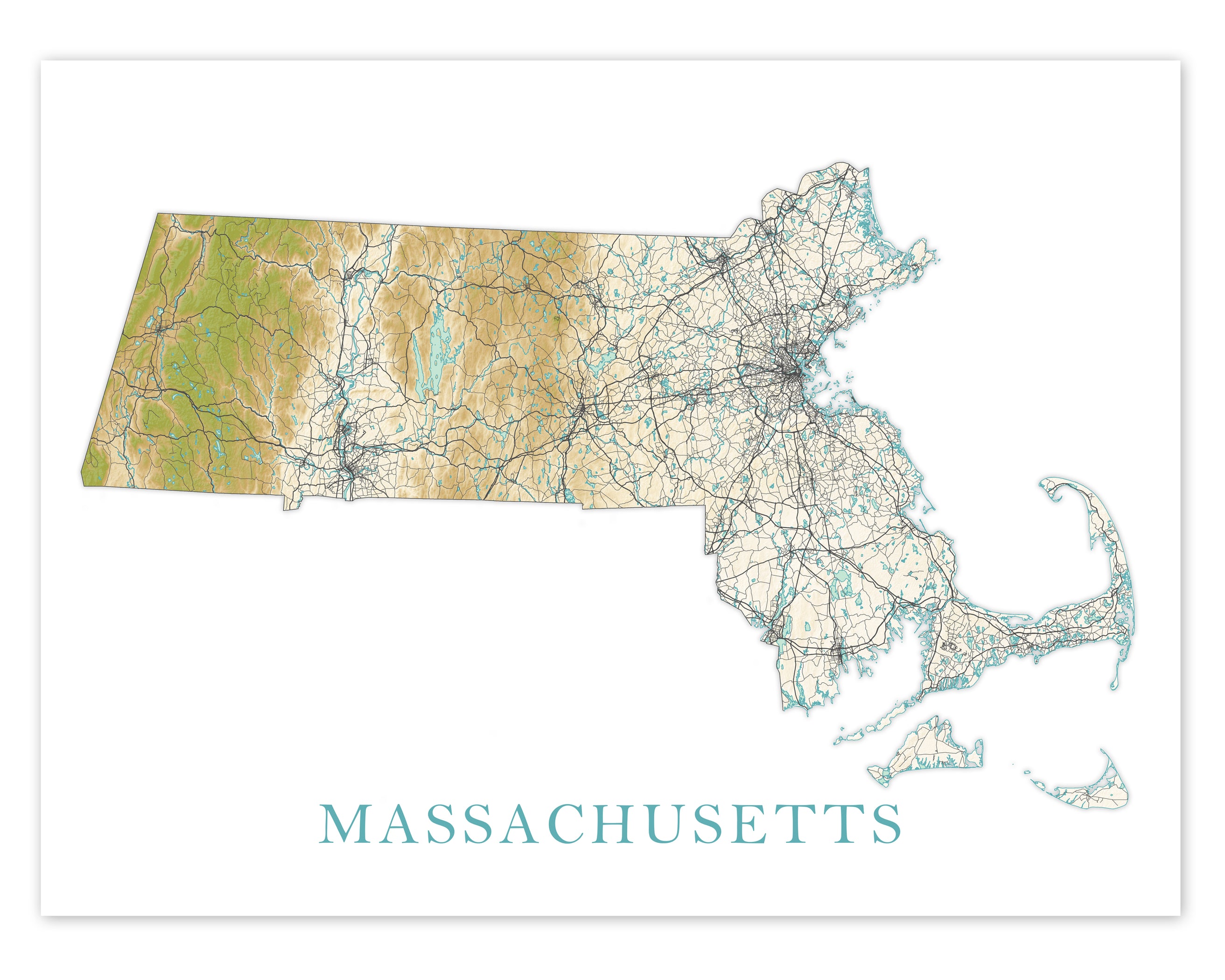 Massachusetts State Wall Art Map Print Poster, Topographic Terrain Lan ...