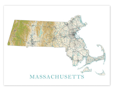 Massachusetts State Wall Art Map Print Poster, Topographic Terrain Lan ...