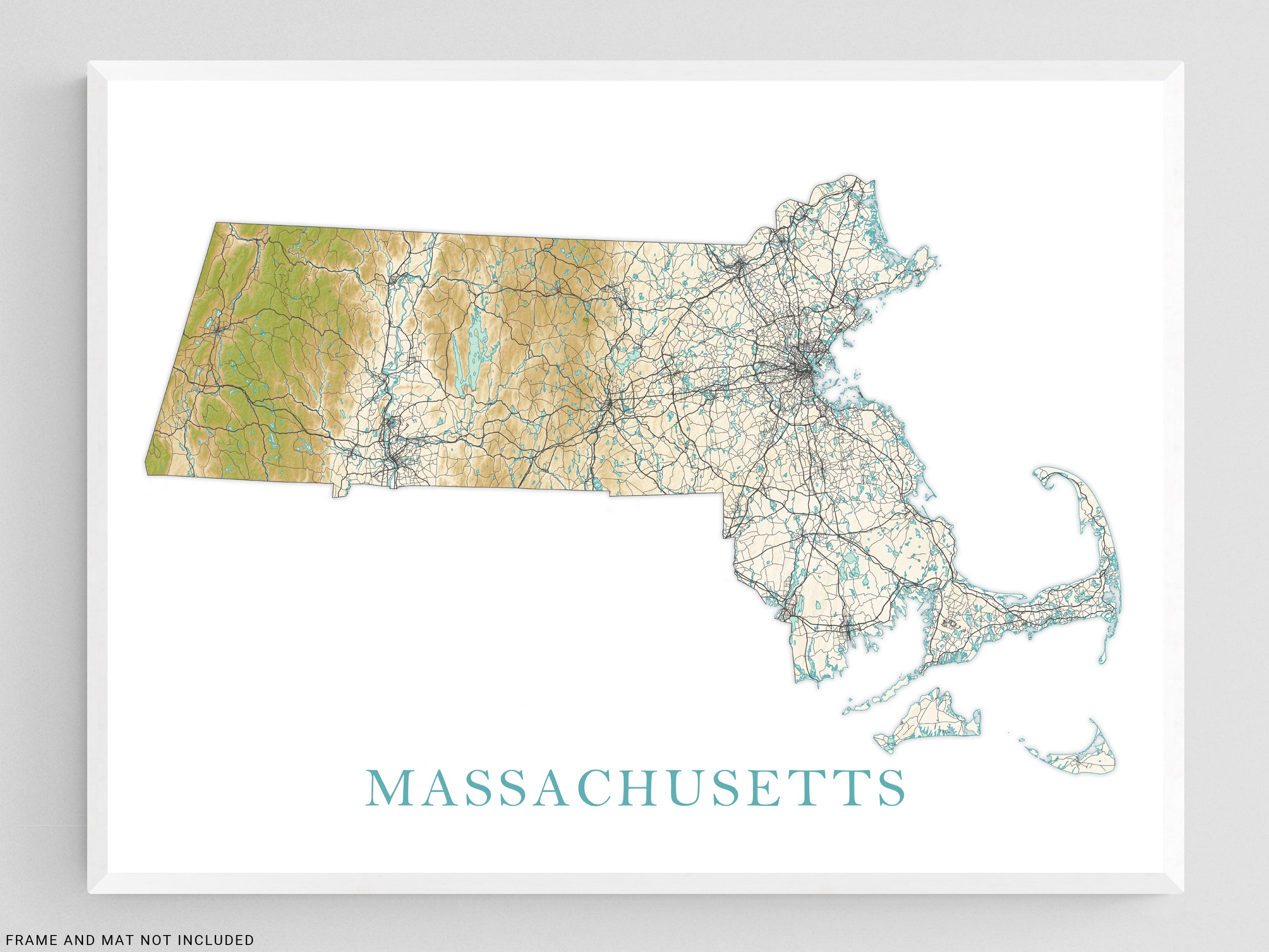 Massachusetts State Wall Art Map Print Poster, Topographic Terrain Lan ...