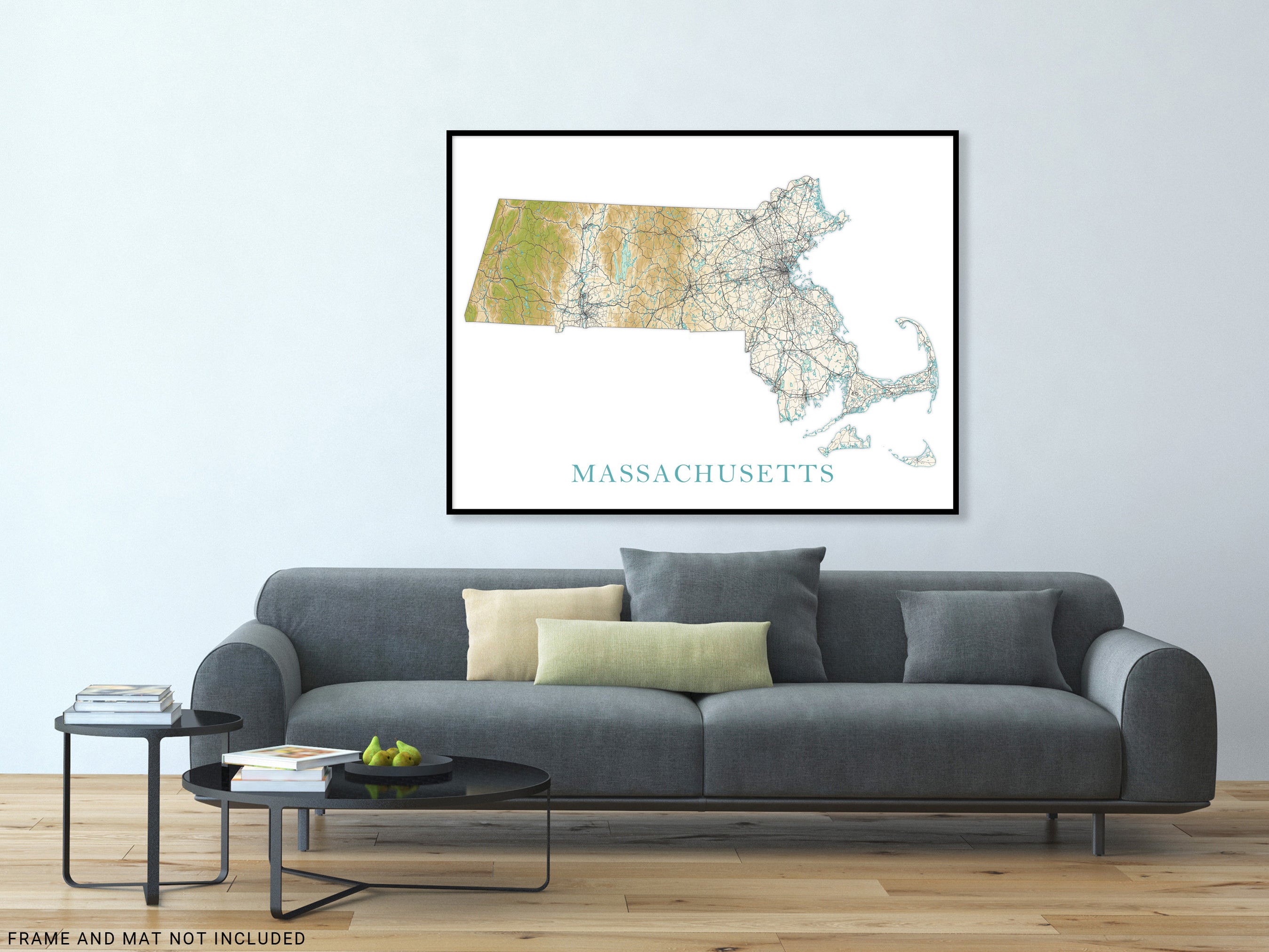 Massachusetts State Wall Art Map Print Poster, Topographic Terrain Lan ...