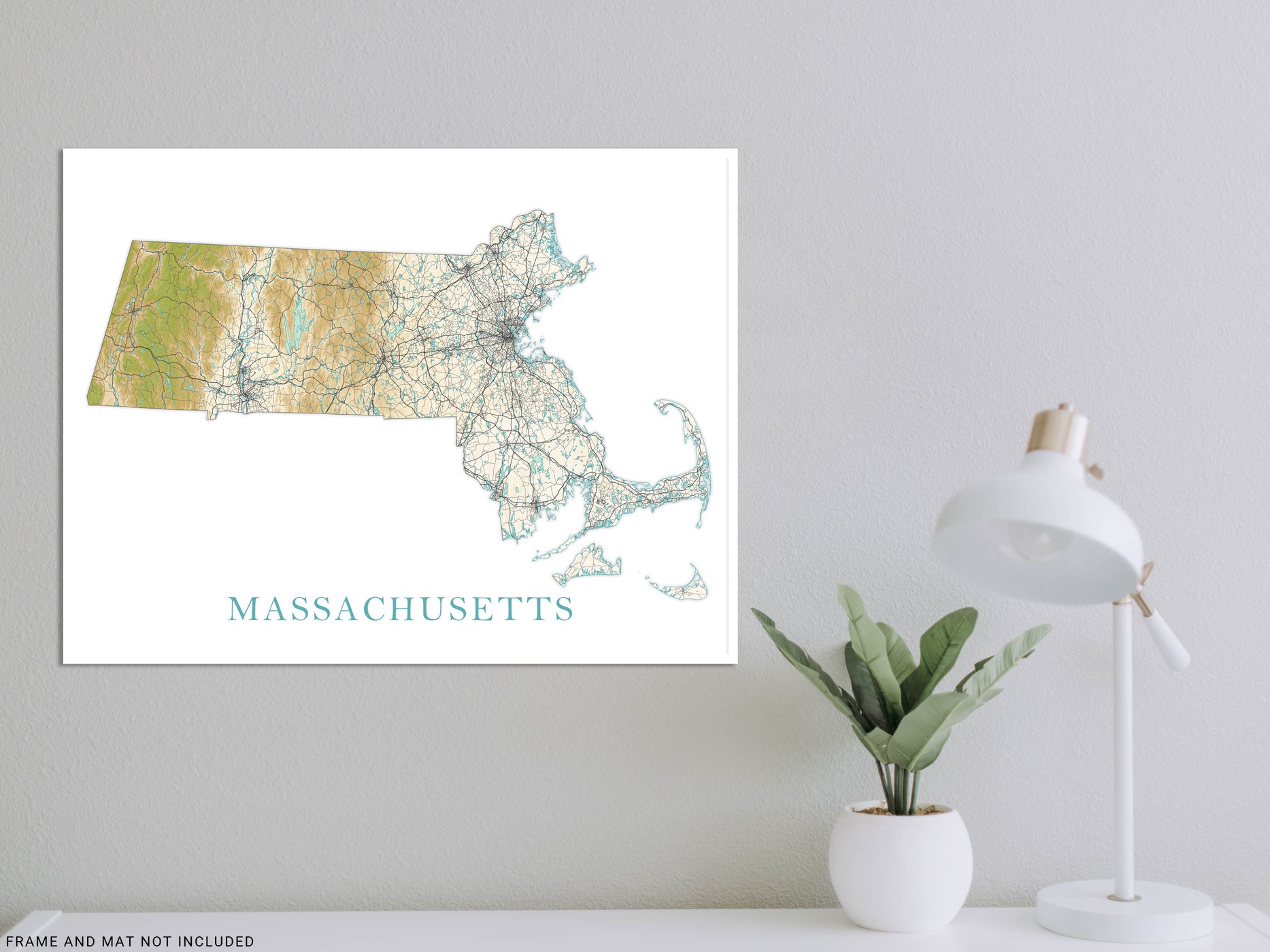 Massachusetts State Wall Art Map Print Poster, Topographic Terrain Lan ...