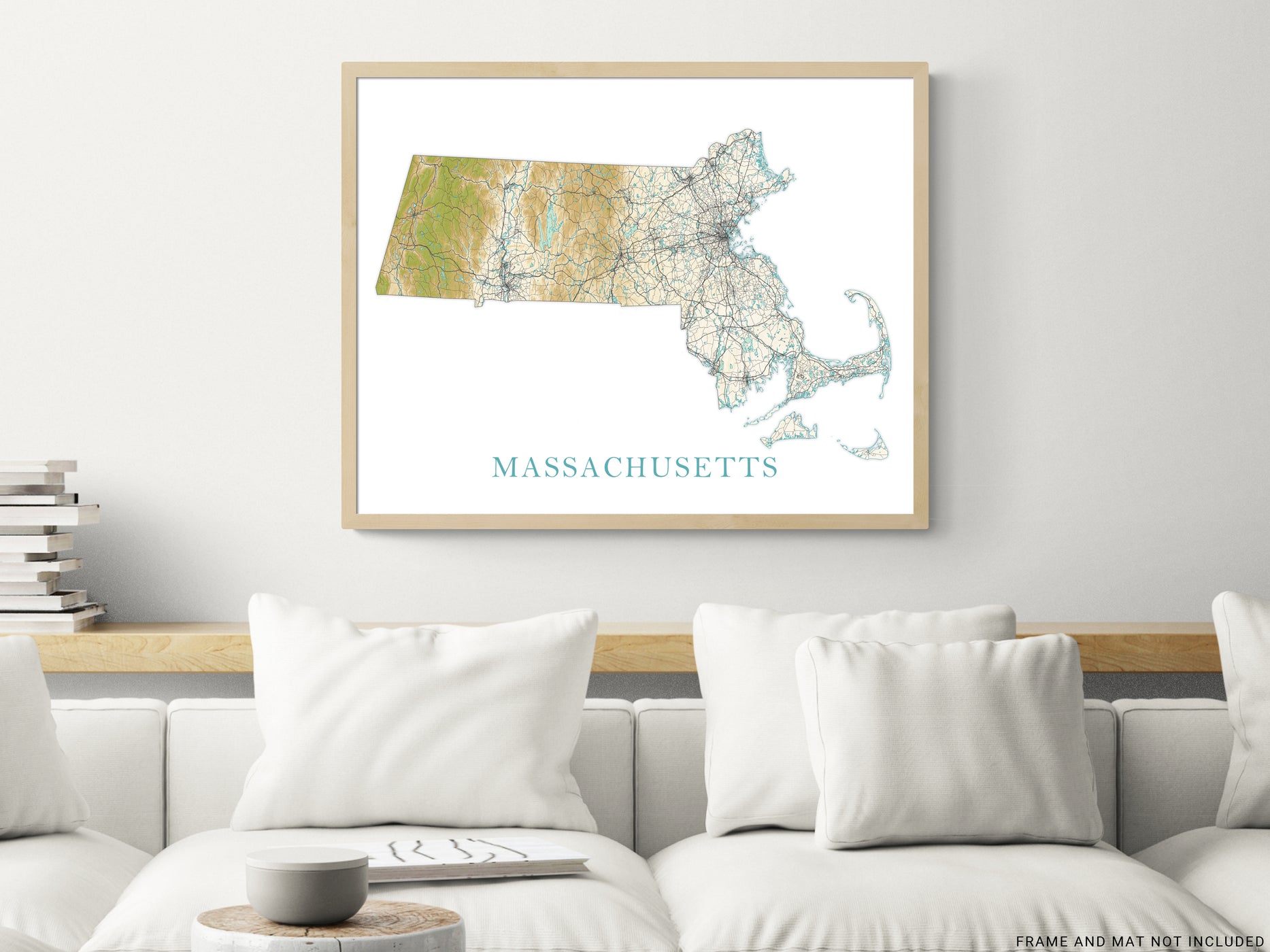 Massachusetts State Wall Art Map Print Poster, Topographic Terrain Lan ...