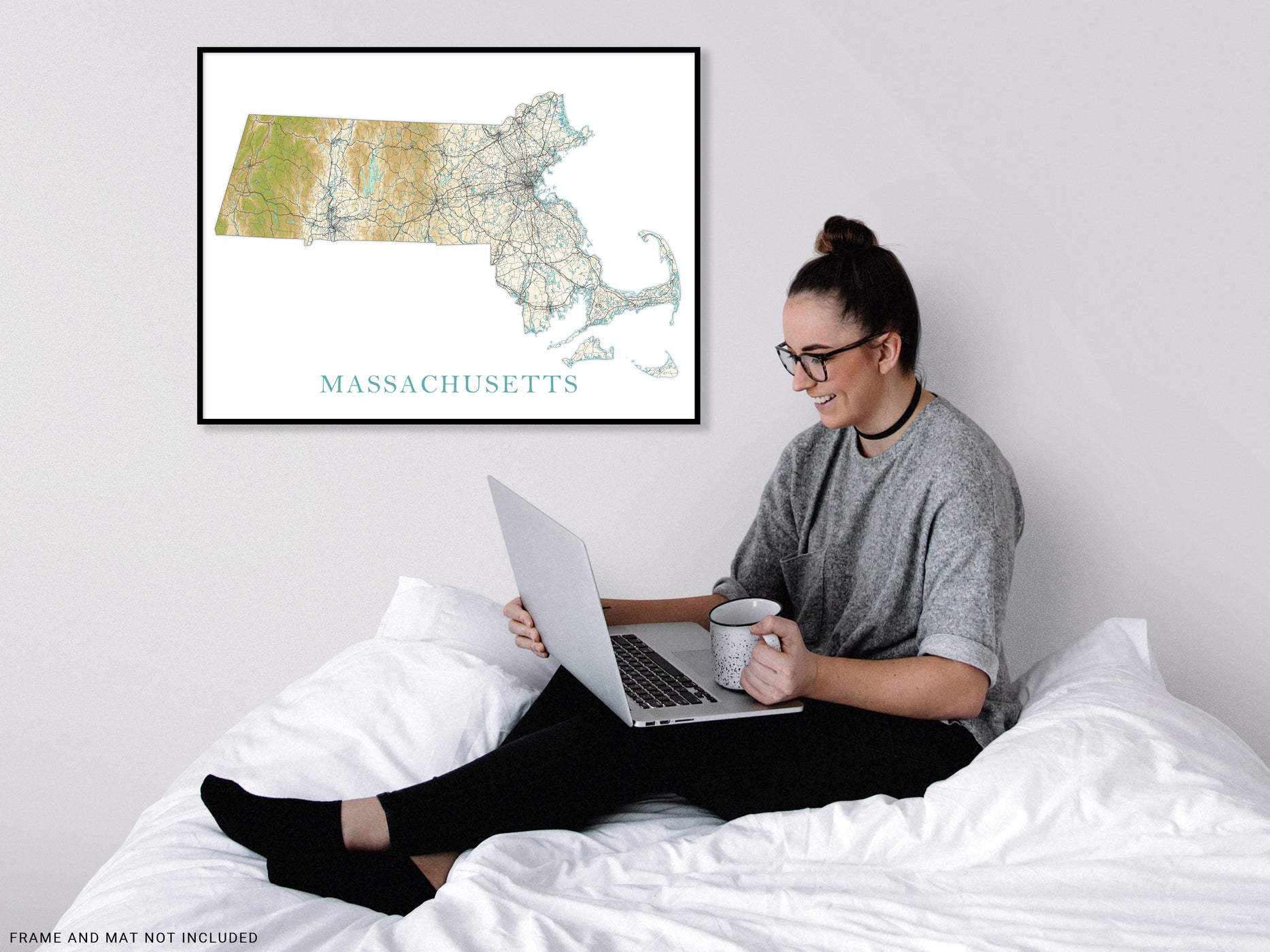 Massachusetts State Wall Art Map Print Poster, Topographic Terrain Lan ...
