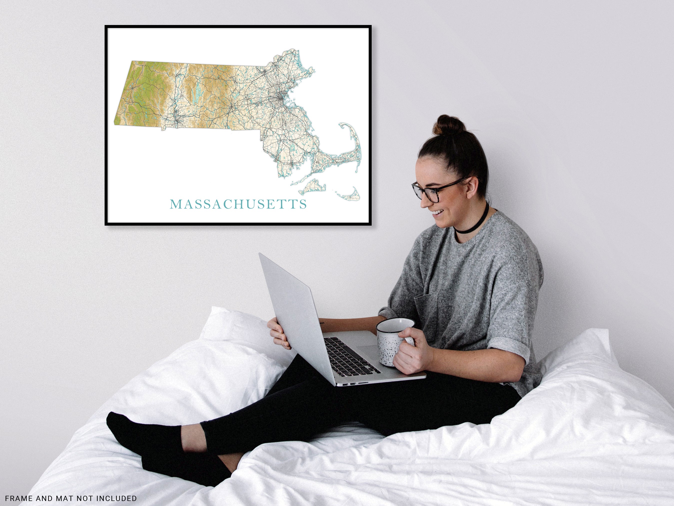 Massachusetts State Wall Art Map Print Poster, Topographic Terrain Lan ...