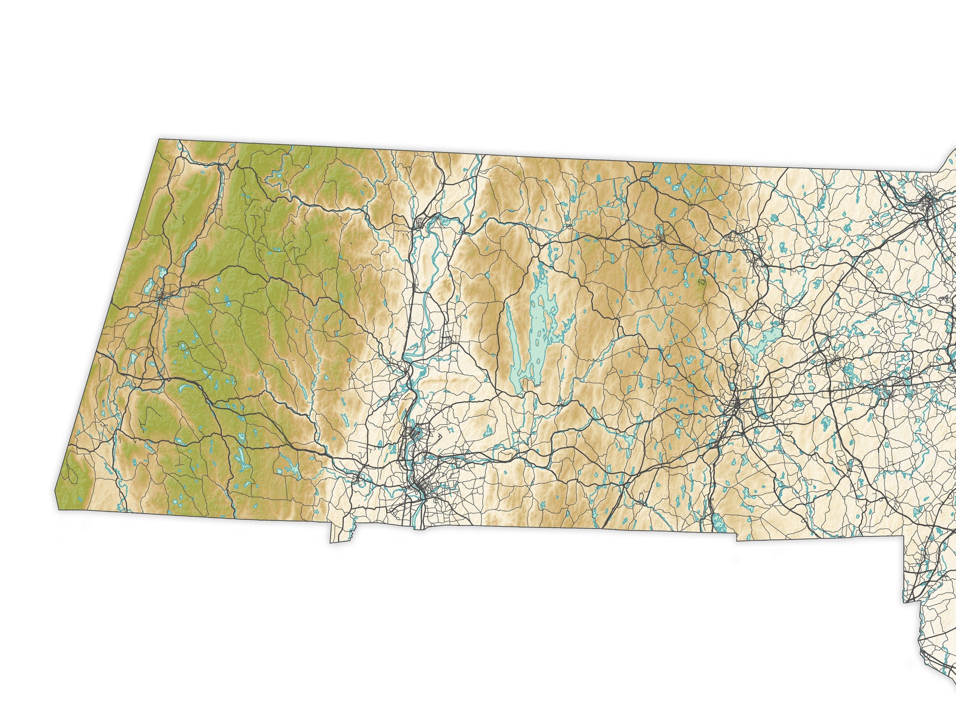 Massachusetts State Wall Art Map Print Poster, Topographic Terrain Lan ...