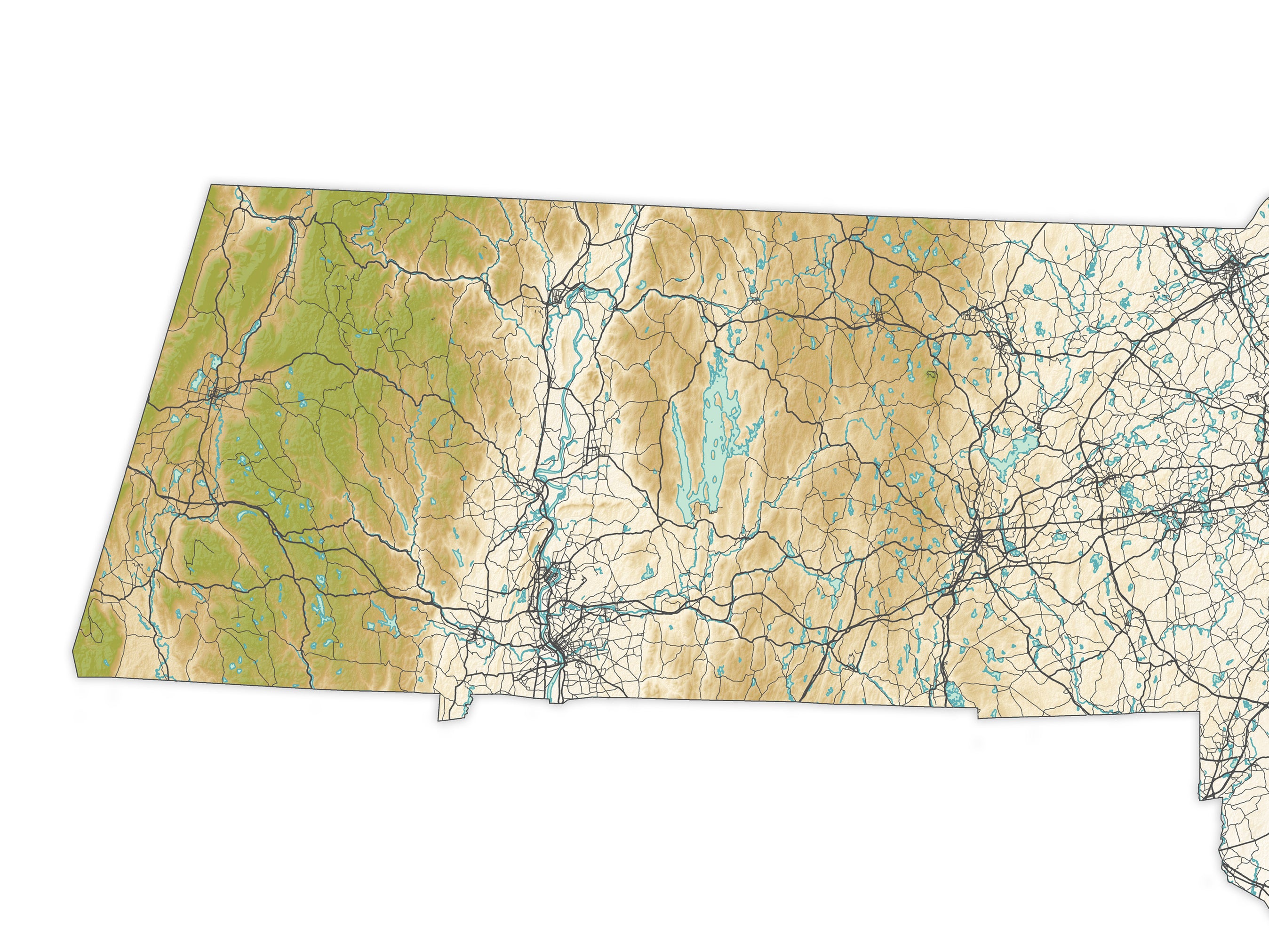 Massachusetts State Wall Art Map Print Poster, Topographic Terrain Lan ...