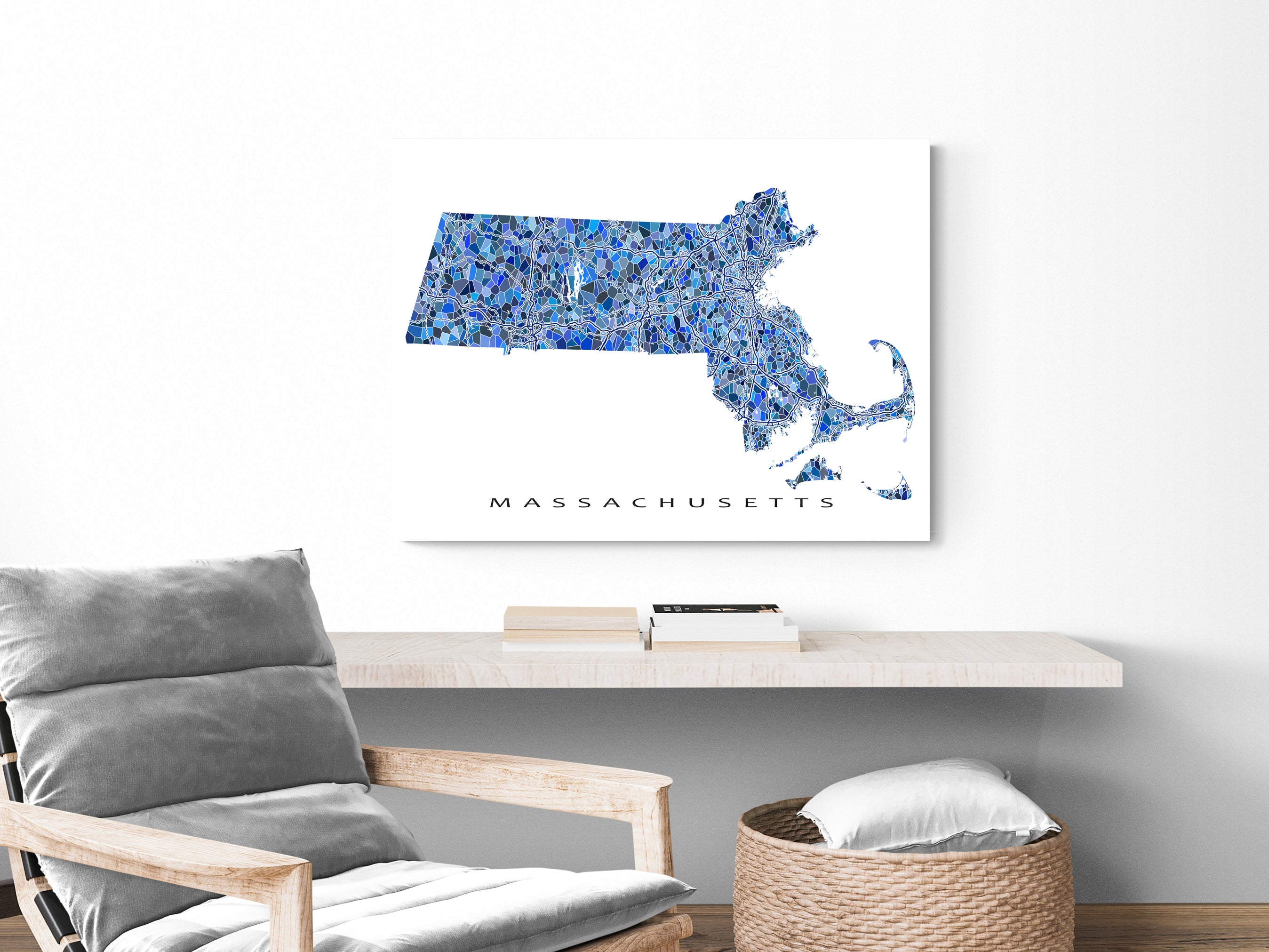 Massachusetts Map Wall Art Print Poster, Blue Geometric MA State Road ...