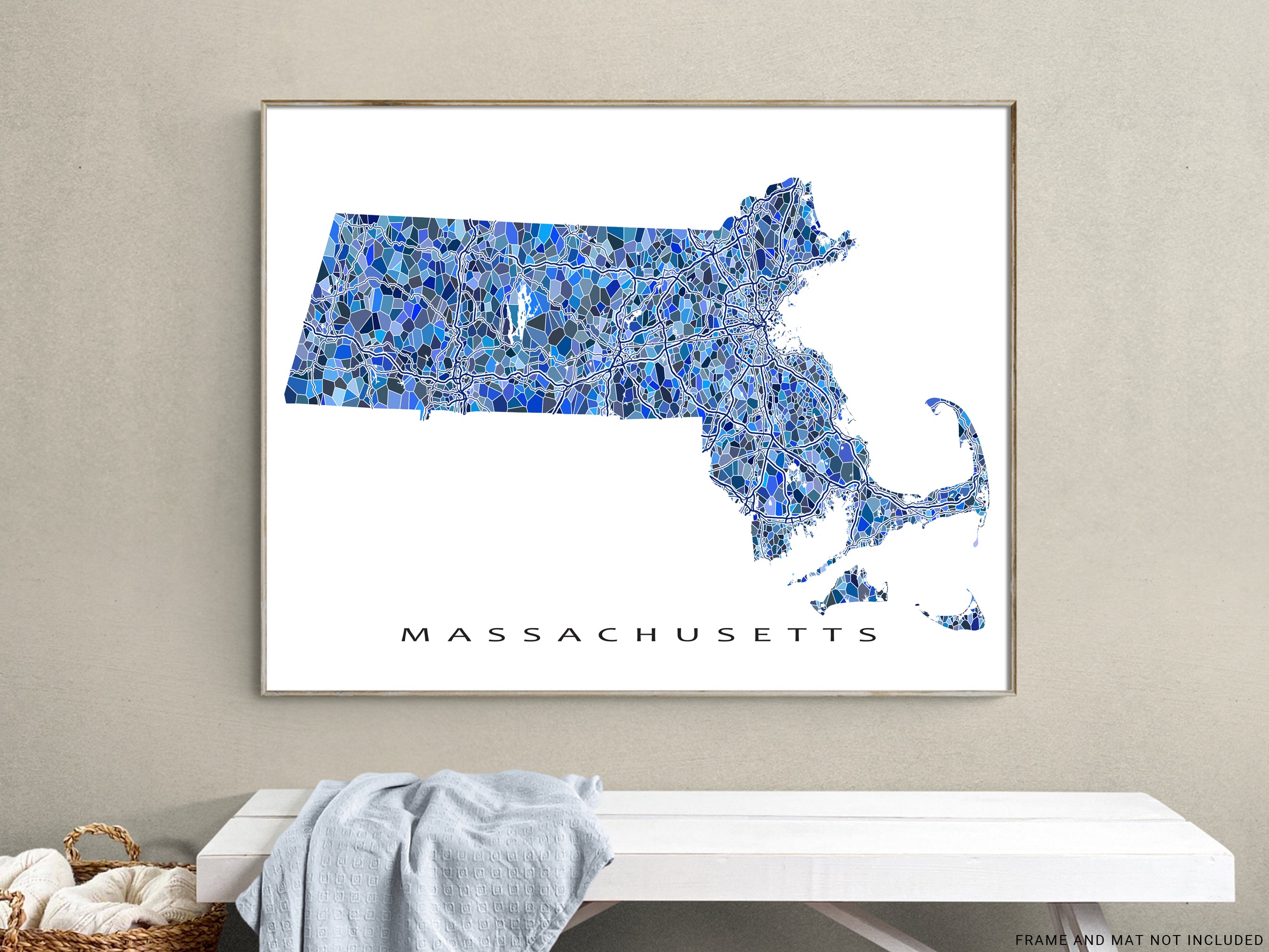 Massachusetts Map Wall Art Print Poster, Blue Geometric MA State Road ...