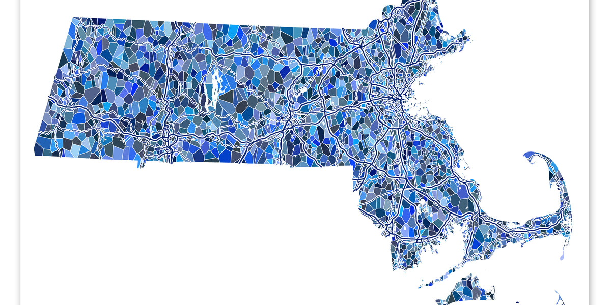 Massachusetts Map Wall Art Print Poster, Blue Geometric MA State Road ...