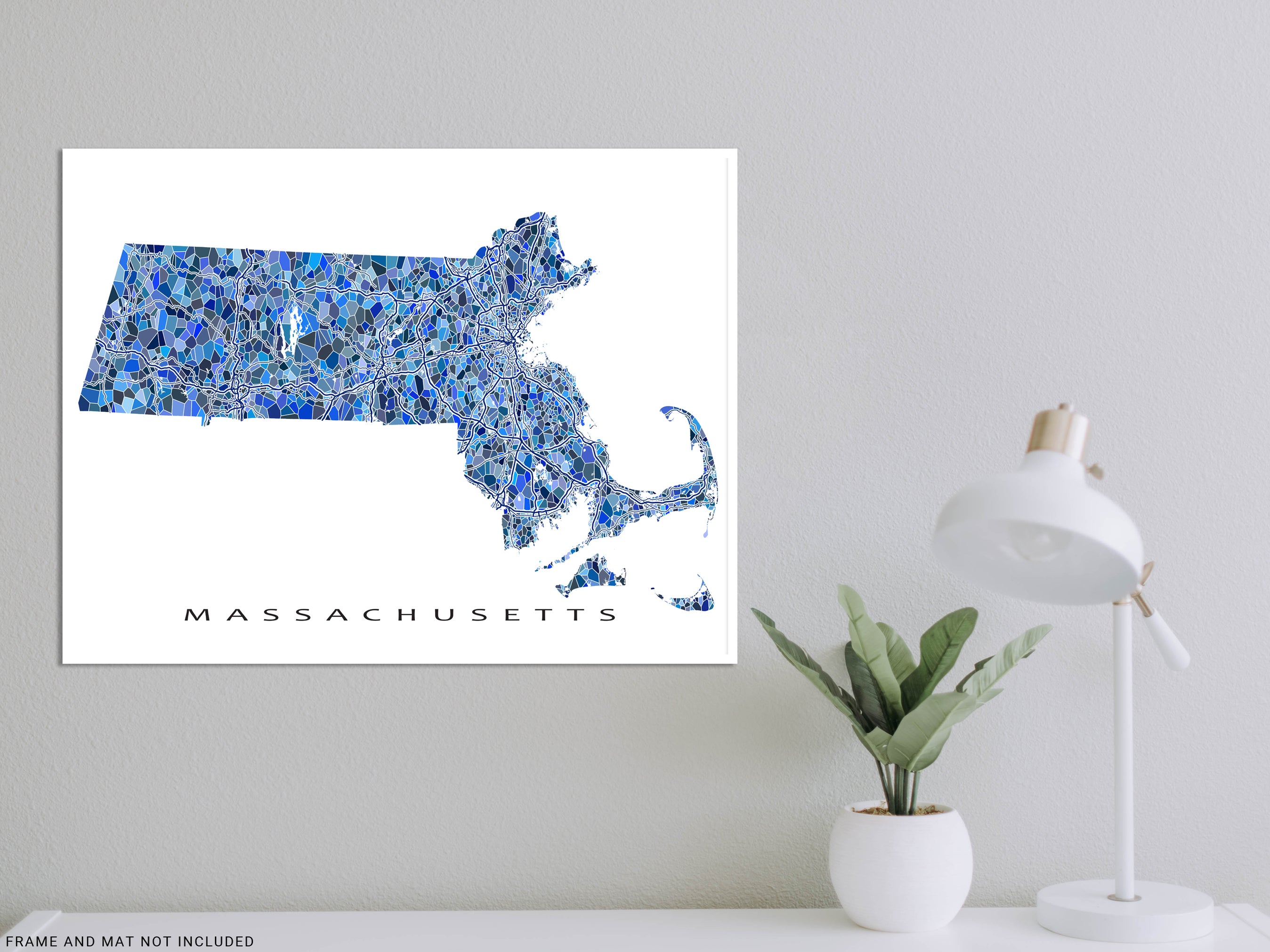 Massachusetts Map Wall Art Print Poster, Blue Geometric MA State Road ...