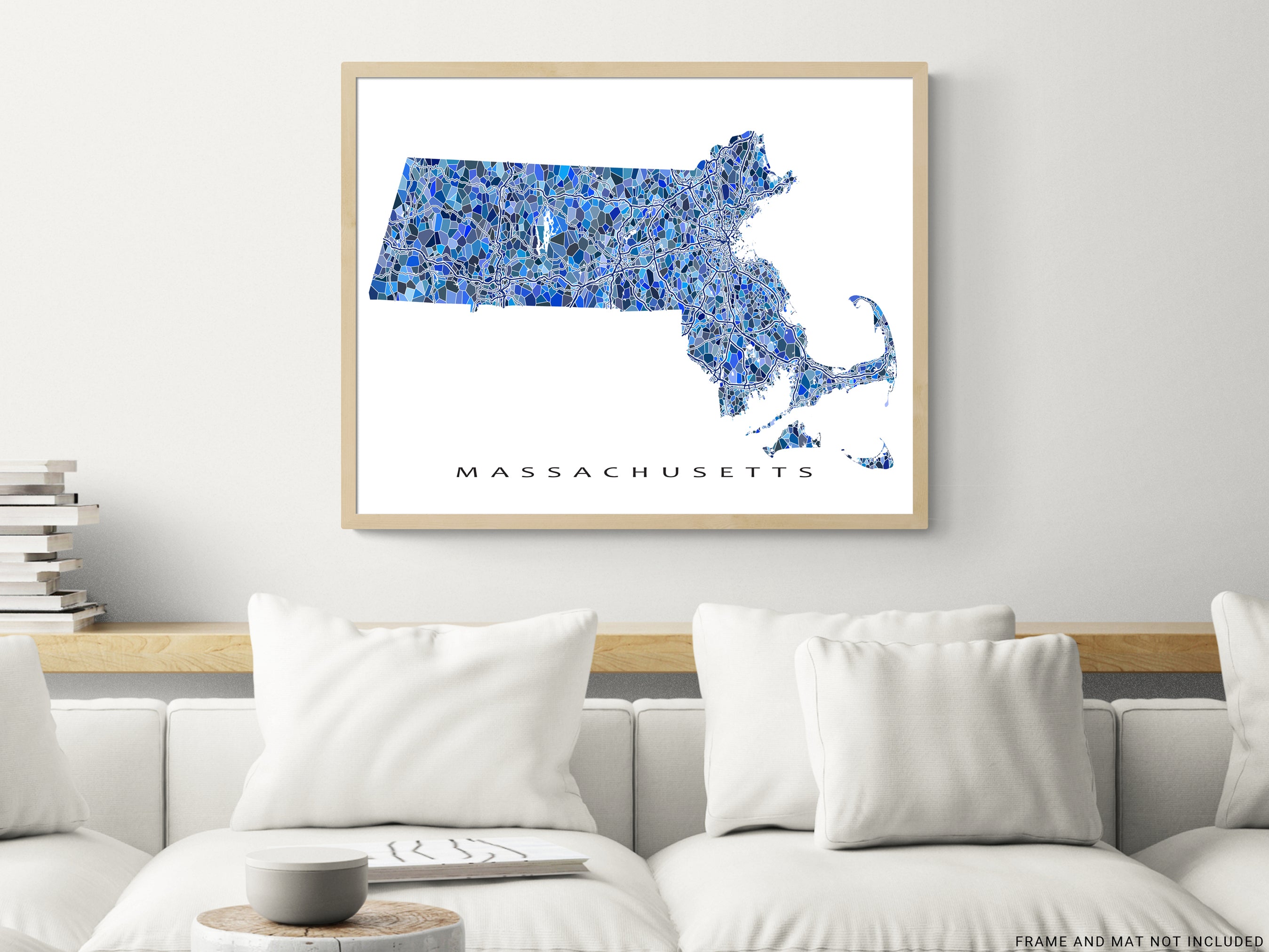 Massachusetts Map Wall Art Print Poster, Blue Geometric MA State Road ...