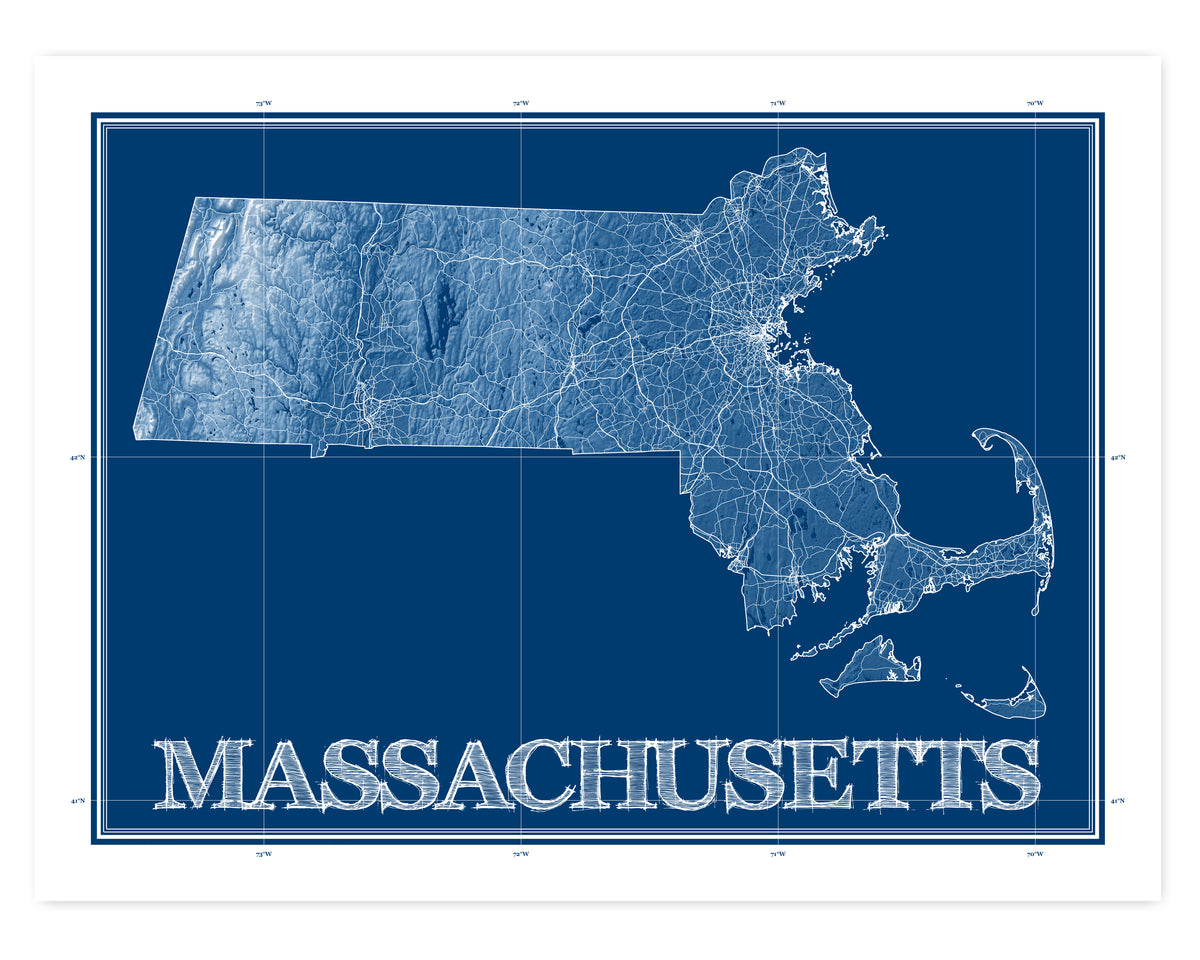 Massachusetts State Map Wall Art Print, Blueprint MA Topographic Maps ...
